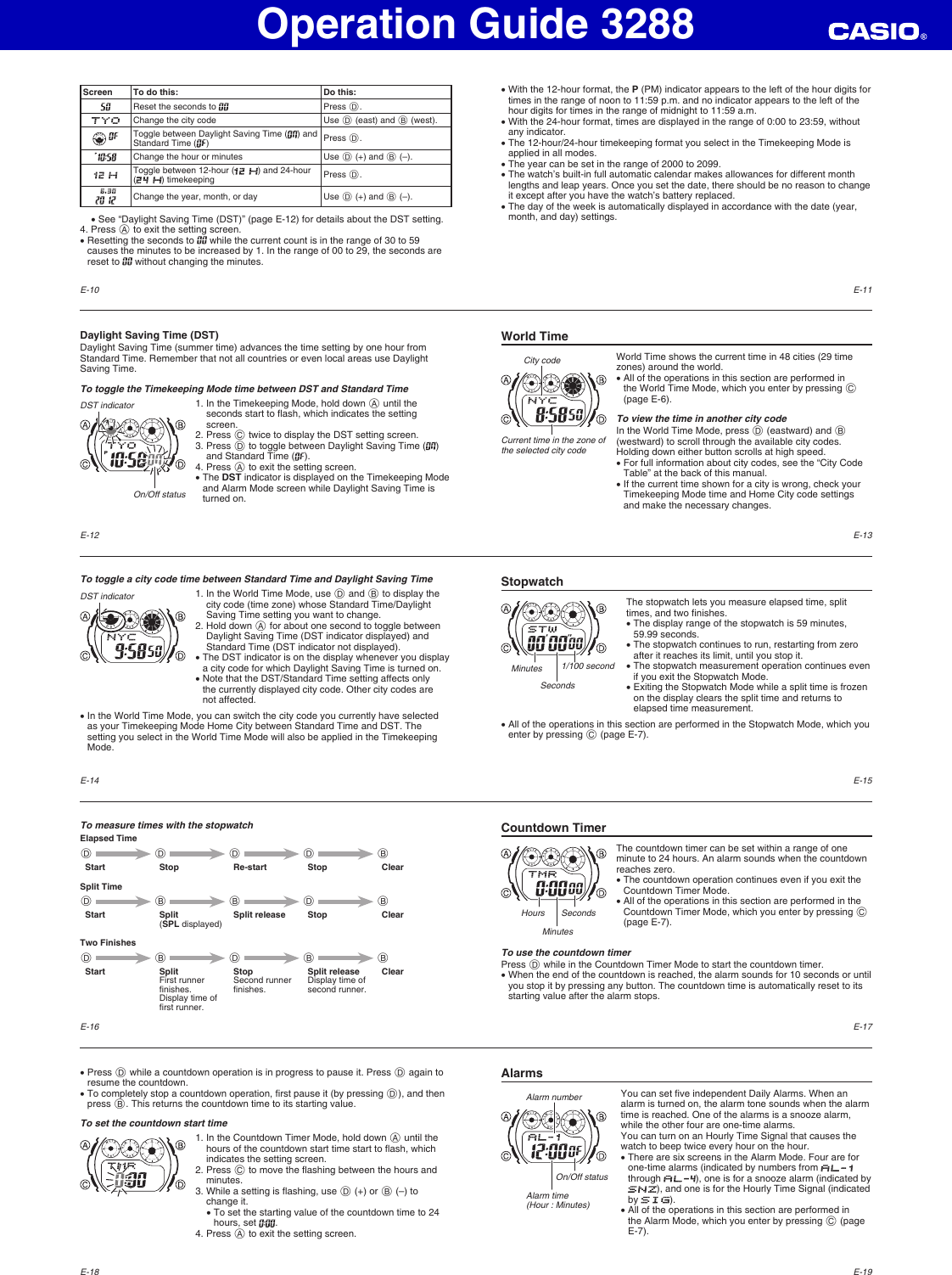 Casio Clock E 9 Users Manual QW 3288