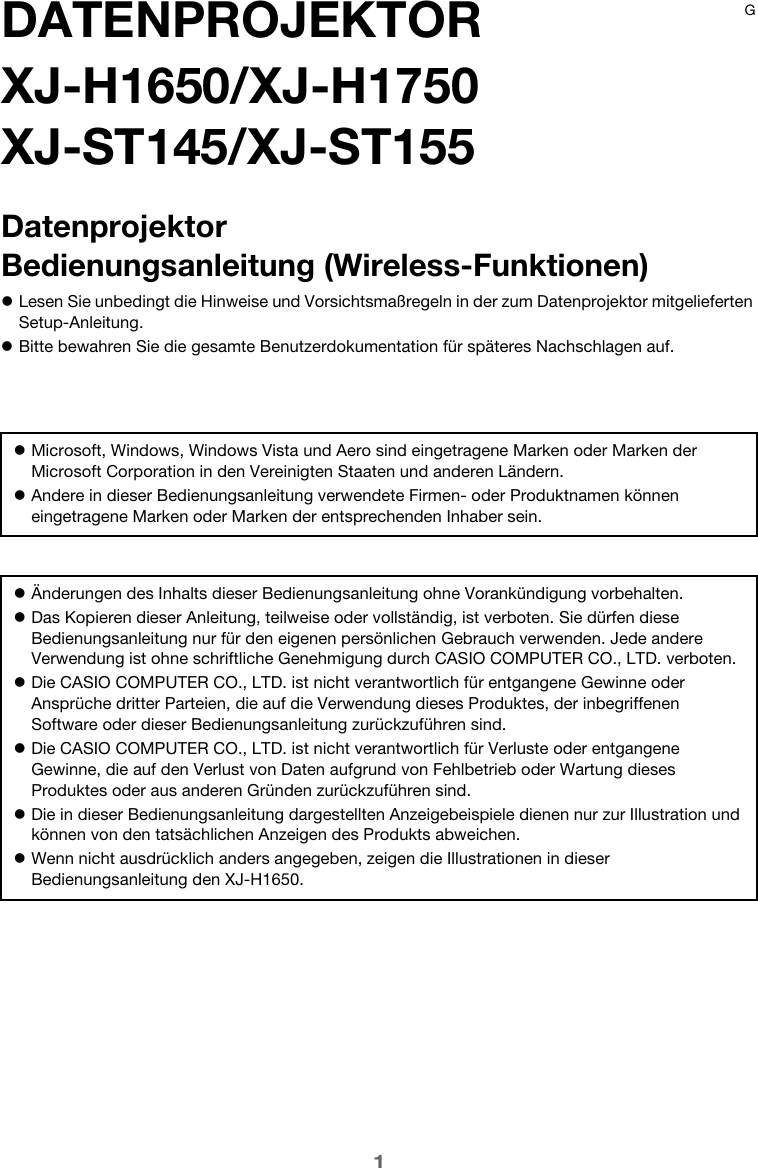 Casio XJ H1650/XJ H1750/XJ ST145/XJ ST155 Wireless Guide_XJHST_G Guide XJHST G DE