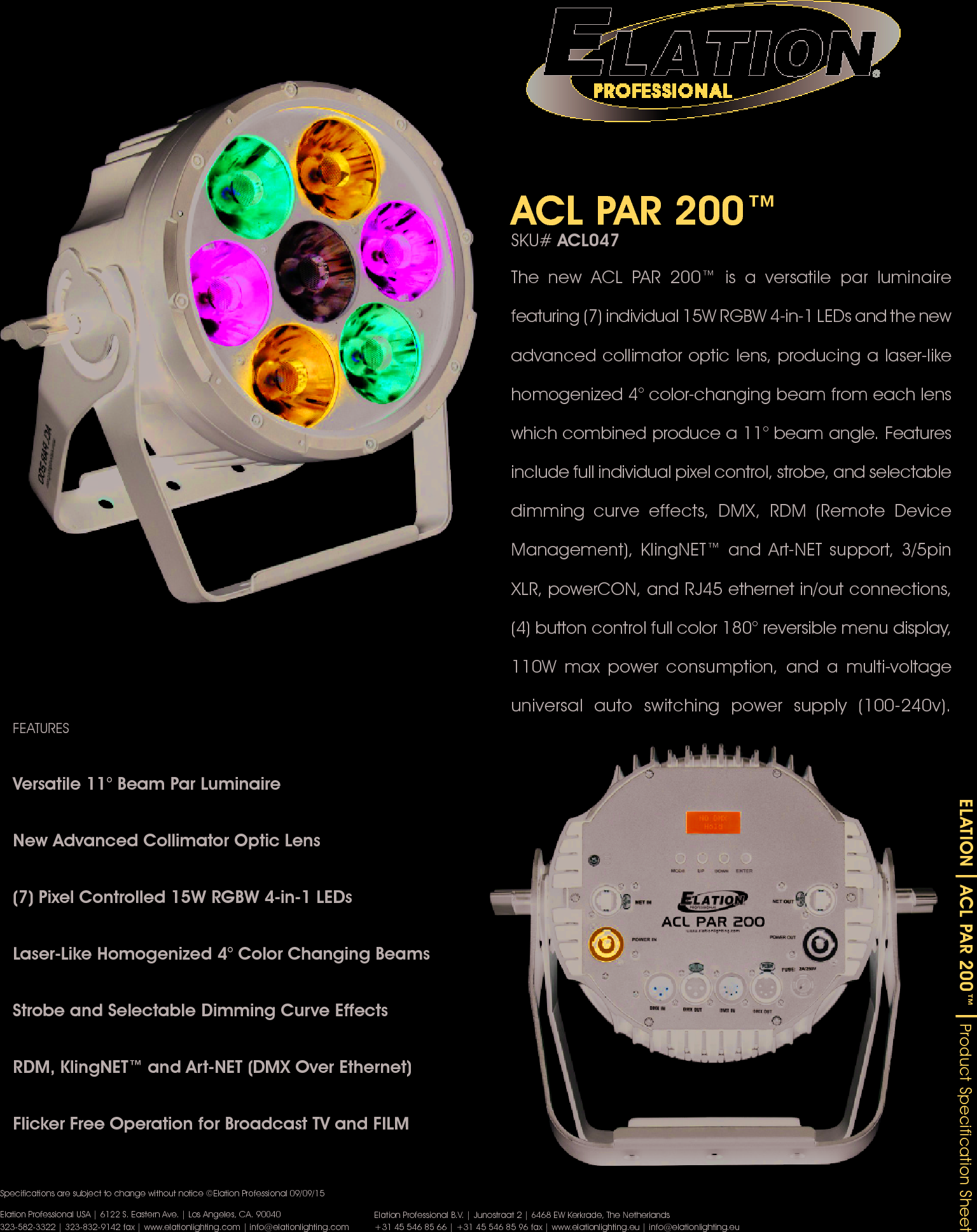Elation Acl Par 200 Specification Sheet User Manual