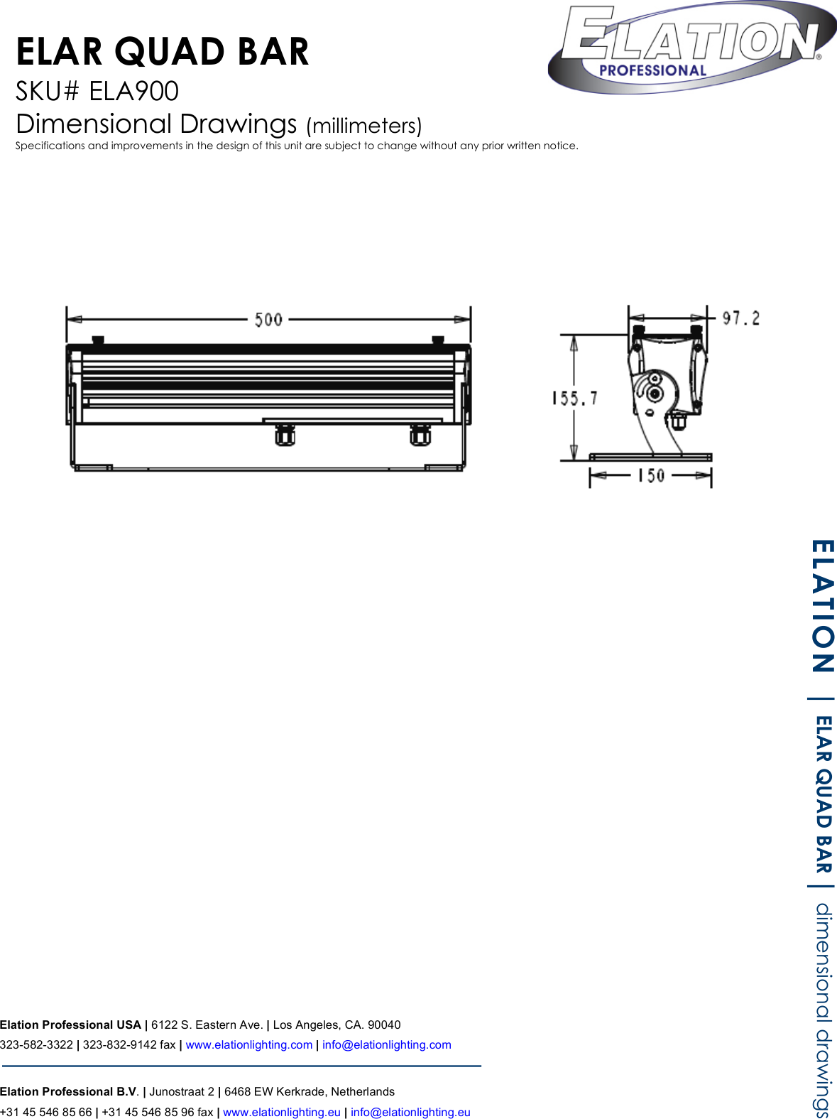 Elation Elar Quad Panel Dimensional Drawings BAR User Manual
