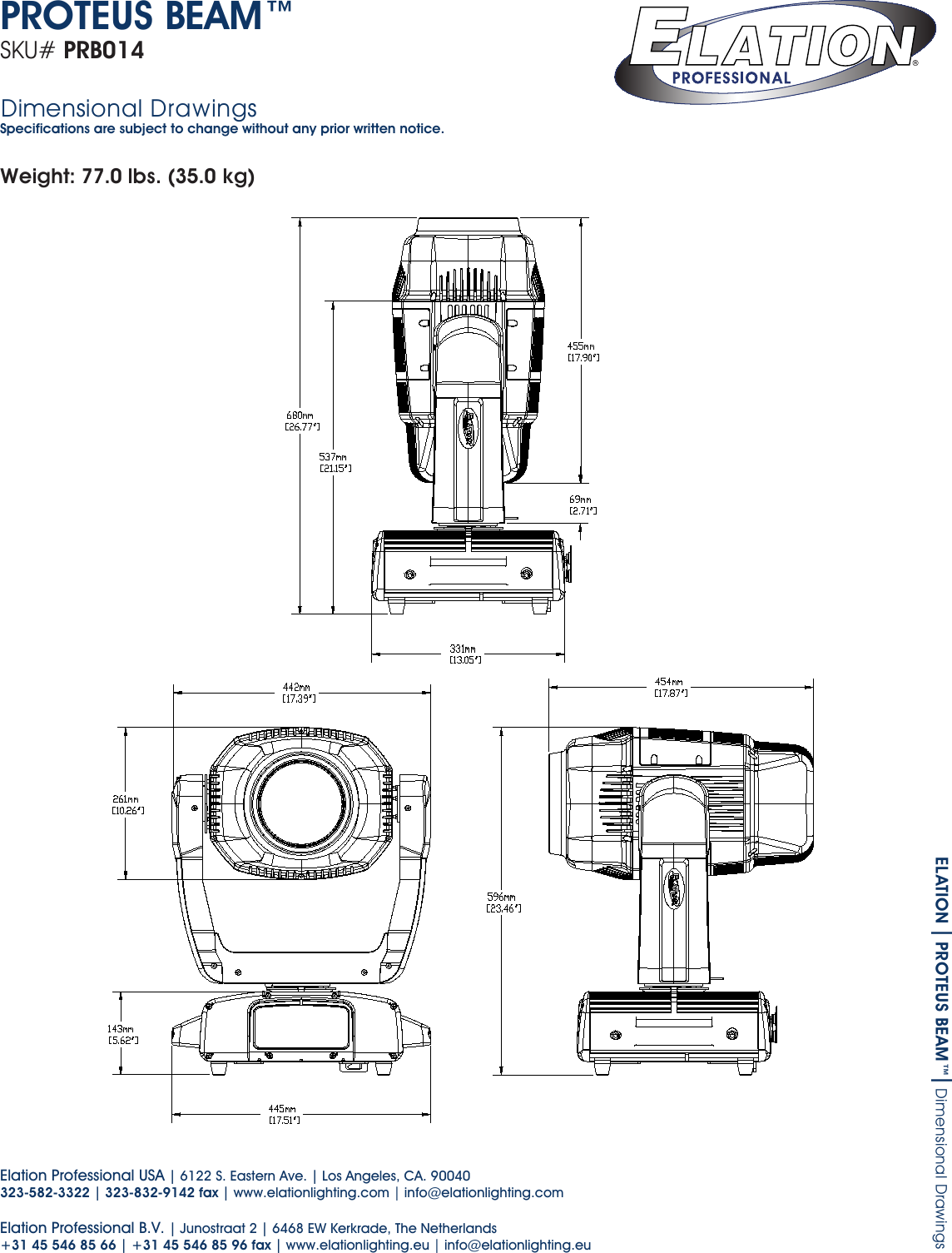Elation Proteus Beam Dimensional Drawings 082817 User Manual