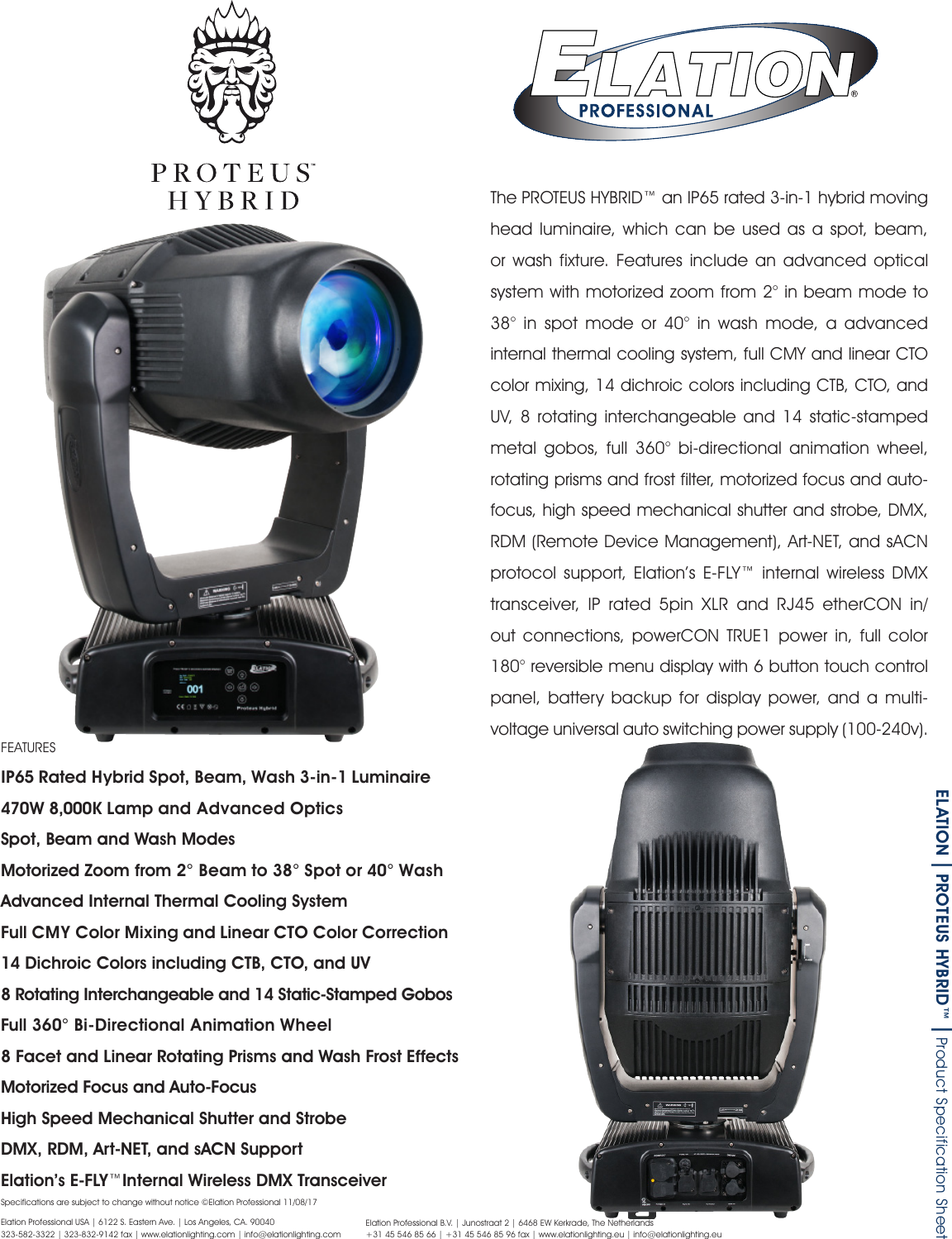 Elation Proteus Hybrid Specification Sheet 111017 User Manual