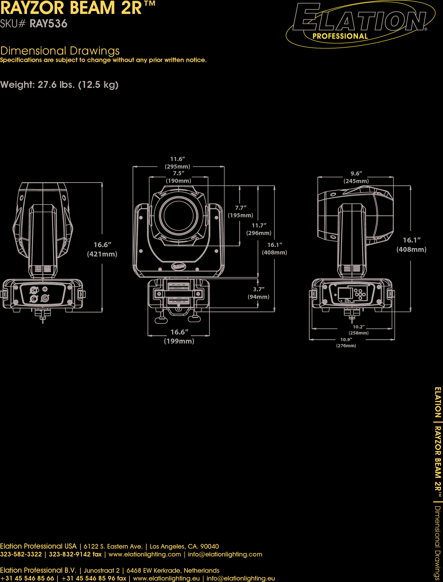 Elation Rayzor Beam 2R Dimensional Drawings User Manual