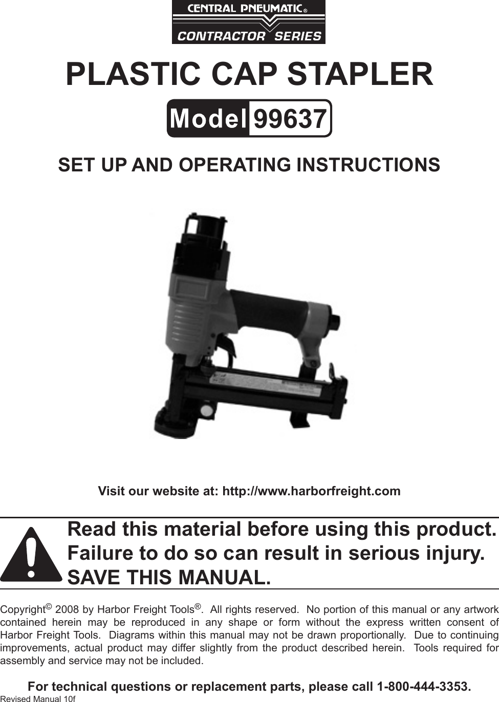 Central Pneumatic Plastic Cap Stapler 99637 Users Manual