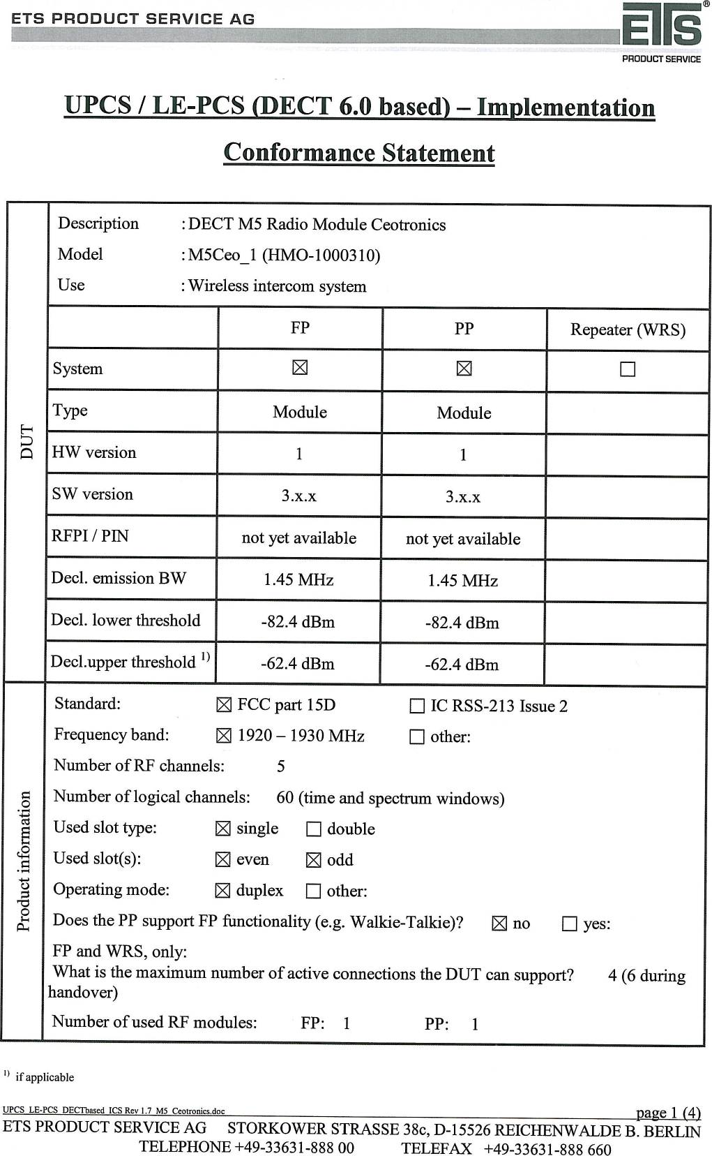 CeoTronics CT-HEADSET DECT Headset User Manual Annex to Compliance ...