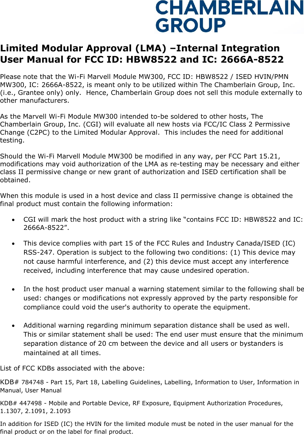 Chamberlain Group The 8522 802.11bgn module User Manual Internal