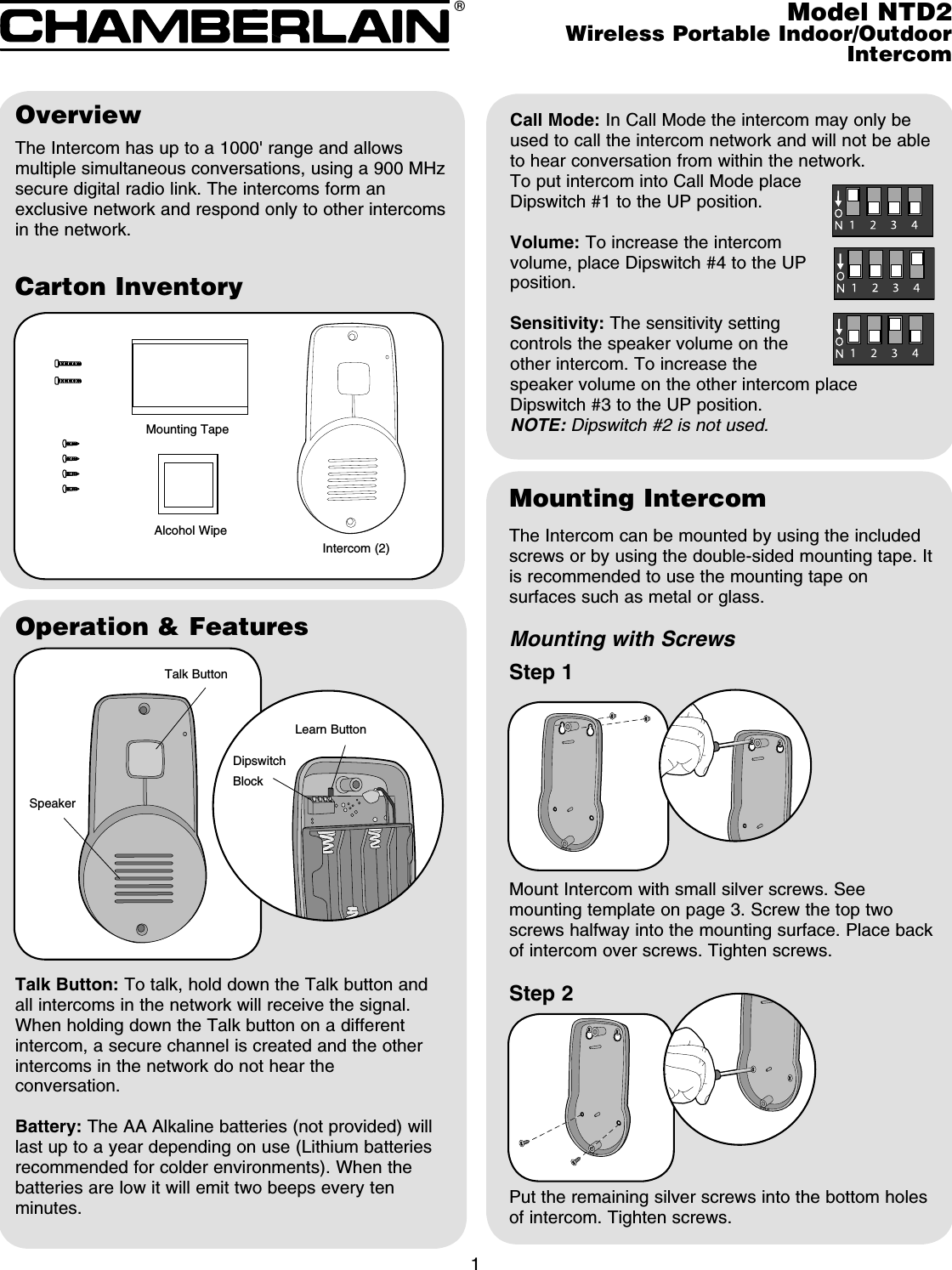 Chamberlain Group The NTD Wireless Portable Intercom User Manual 1