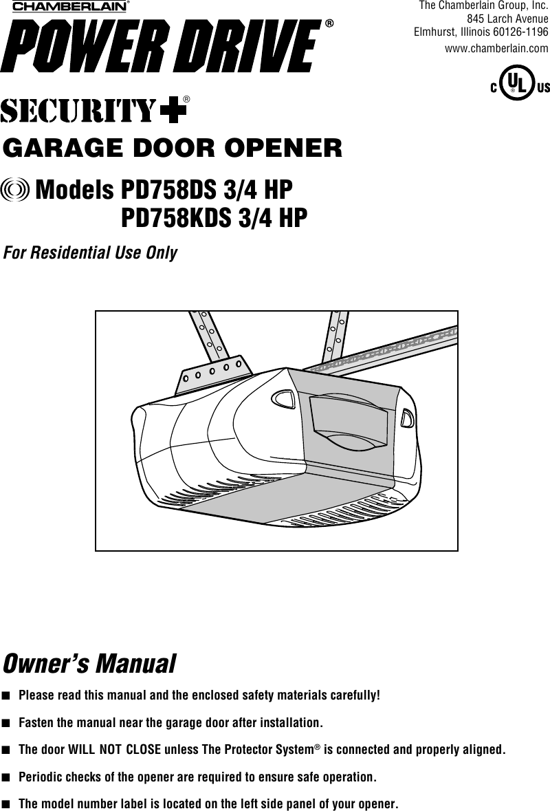 Chamberlain Pd758Ds 3 4 Hp Users Manual