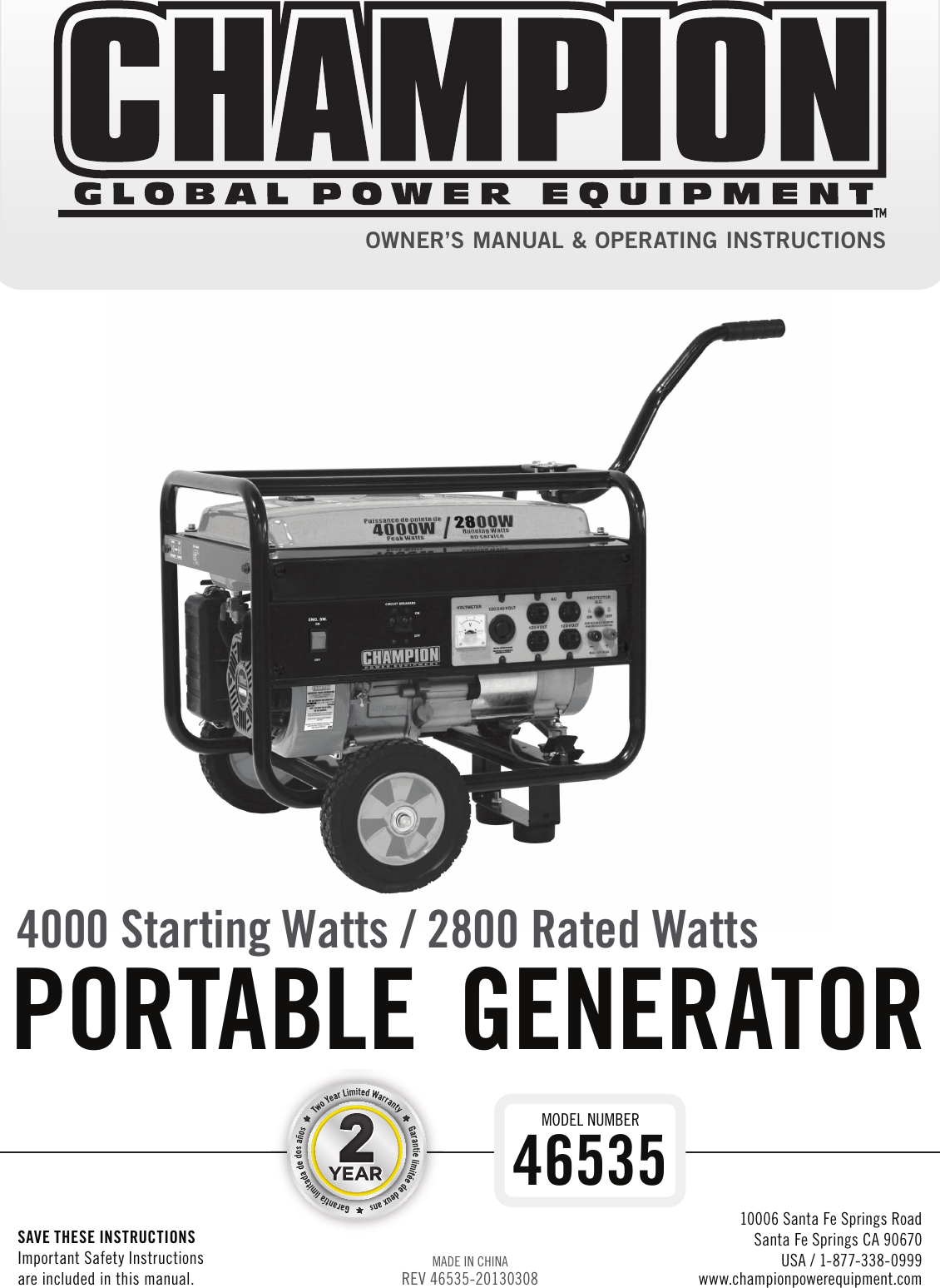 Champion Power Equipment 46535 Owners Manual 46535_manual english_03 08 ...