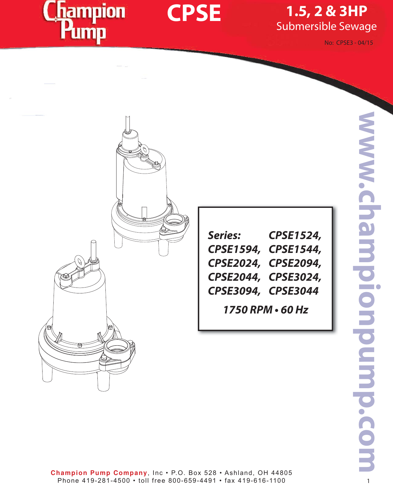 Champion Pumps Cp Users Manual CPSE3