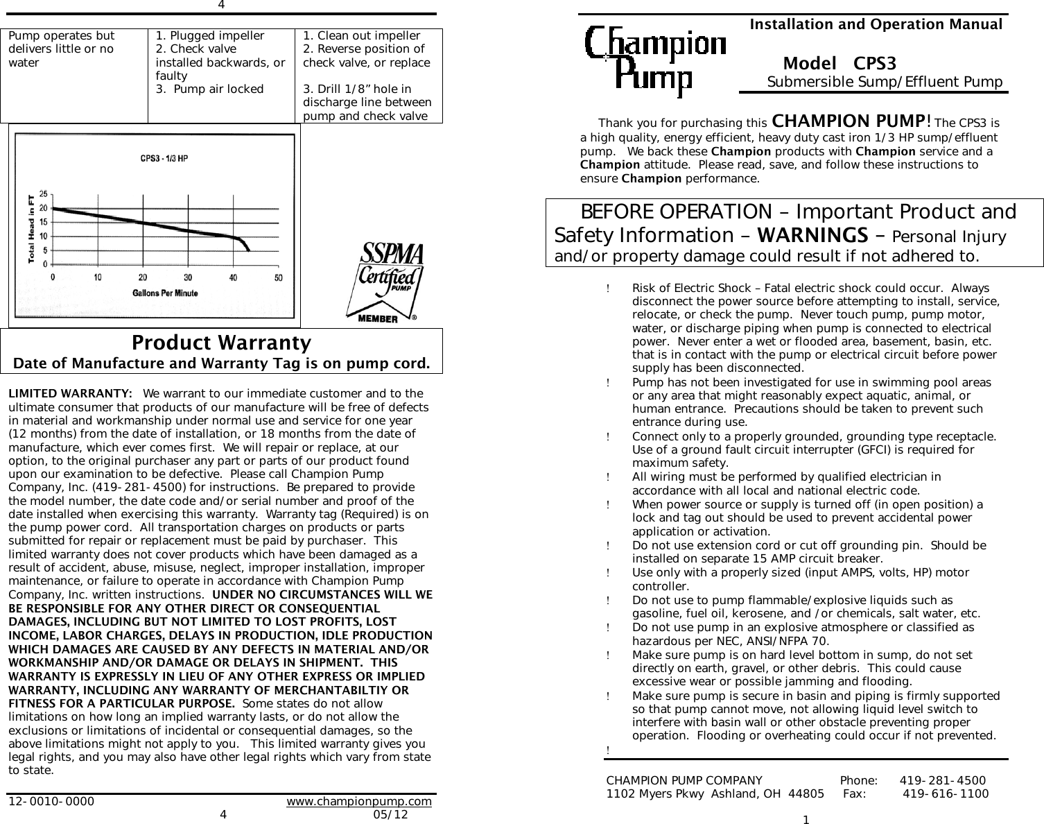 Champion Pumps Cps3 Pump Users Manual Installation And Operation