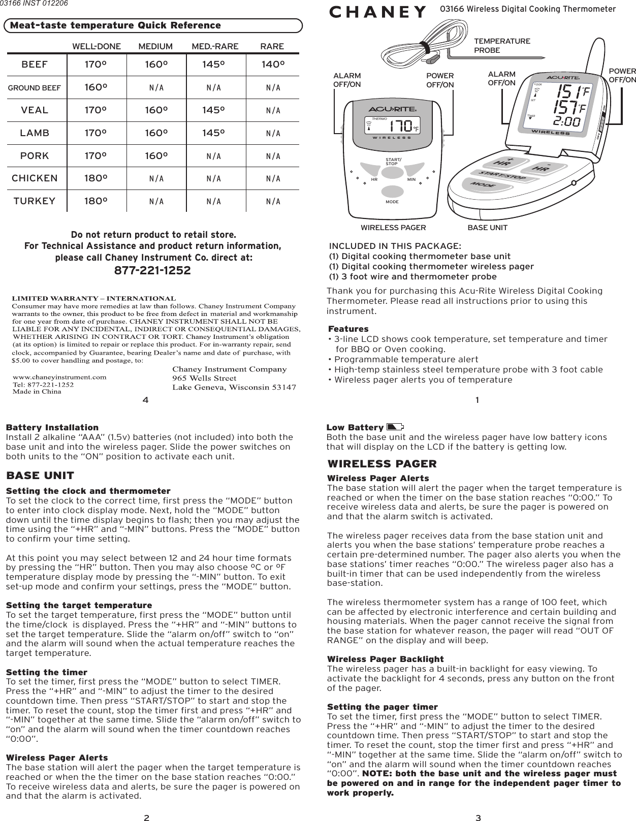 Chaney Instrument Thermometer 3166 Users Manual