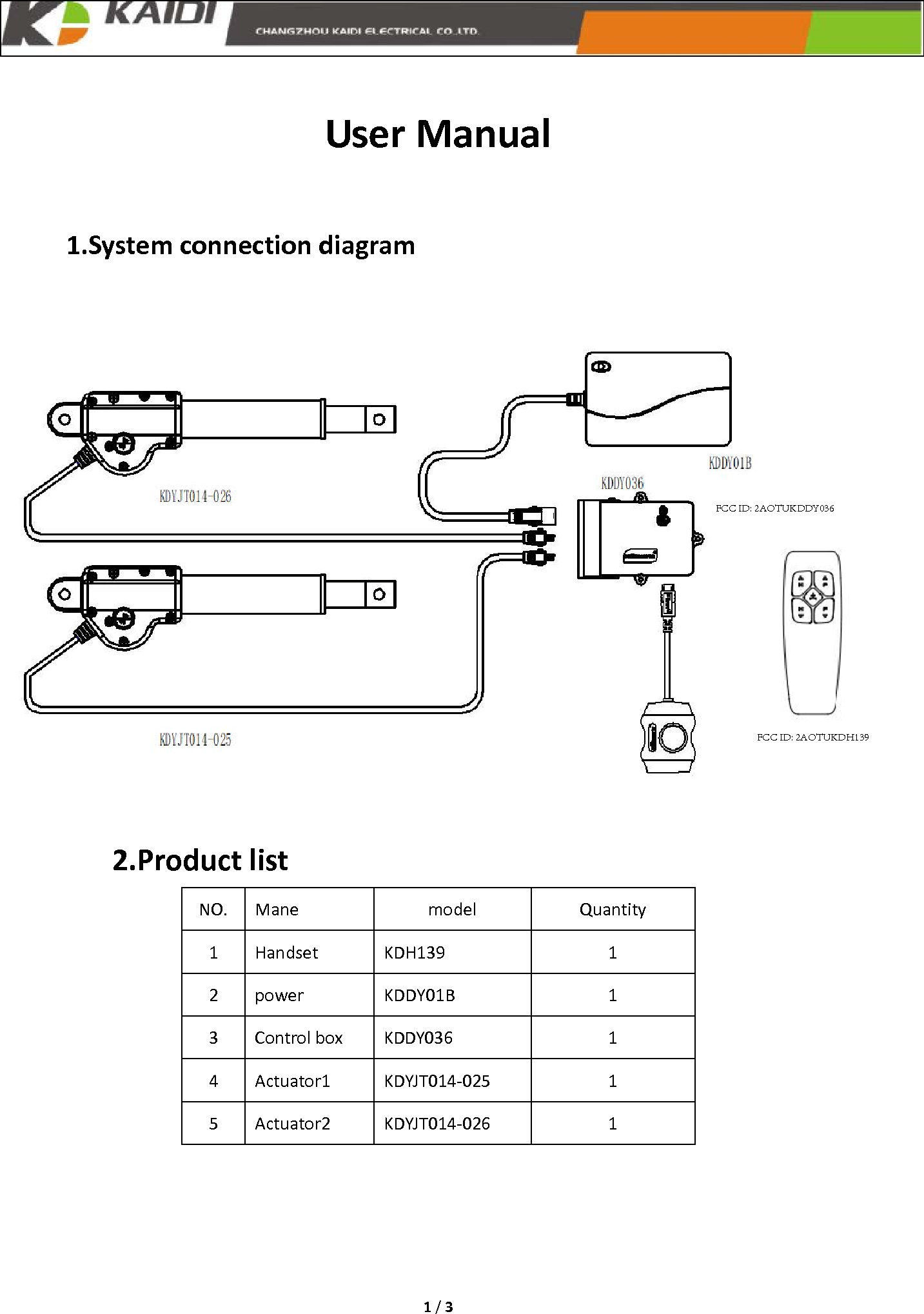 Changzhou Kaidi Electrical KDDY036 Control Box User Manual KDDY008B