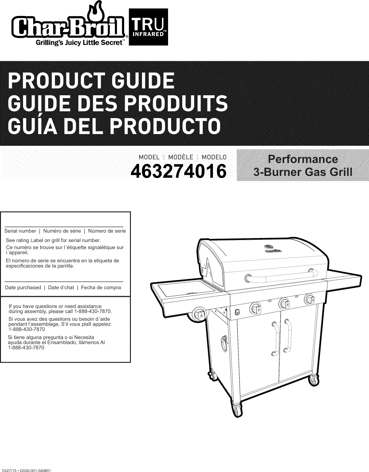 Char Broil 463274016 1602291L User Manual 3 BURNER GAS GRILL Manuals ...