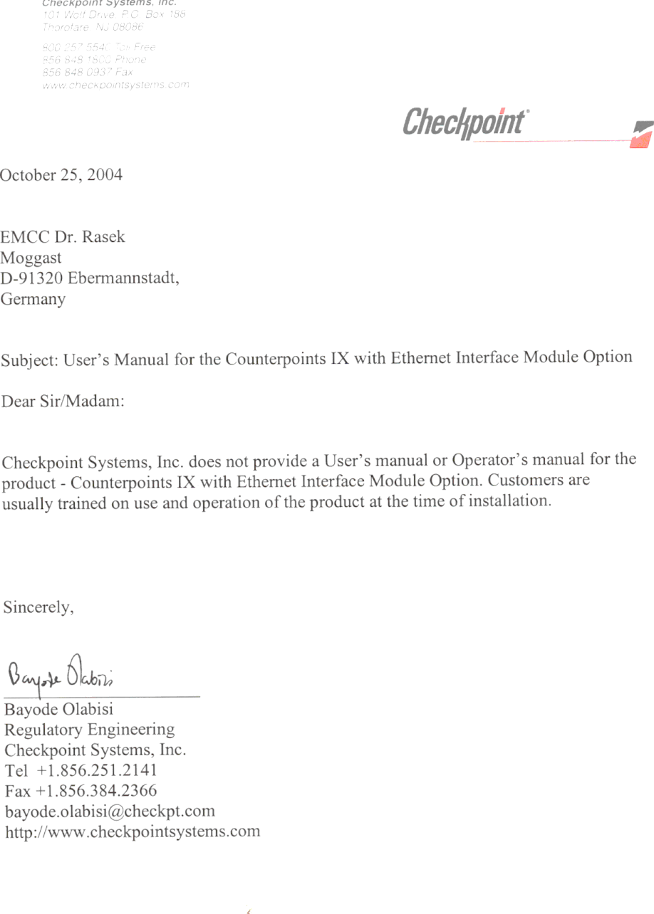 Checkpoint Systems CP9 Counterpoints IX 4/6 Mode; Counterpoints IX 5 ...