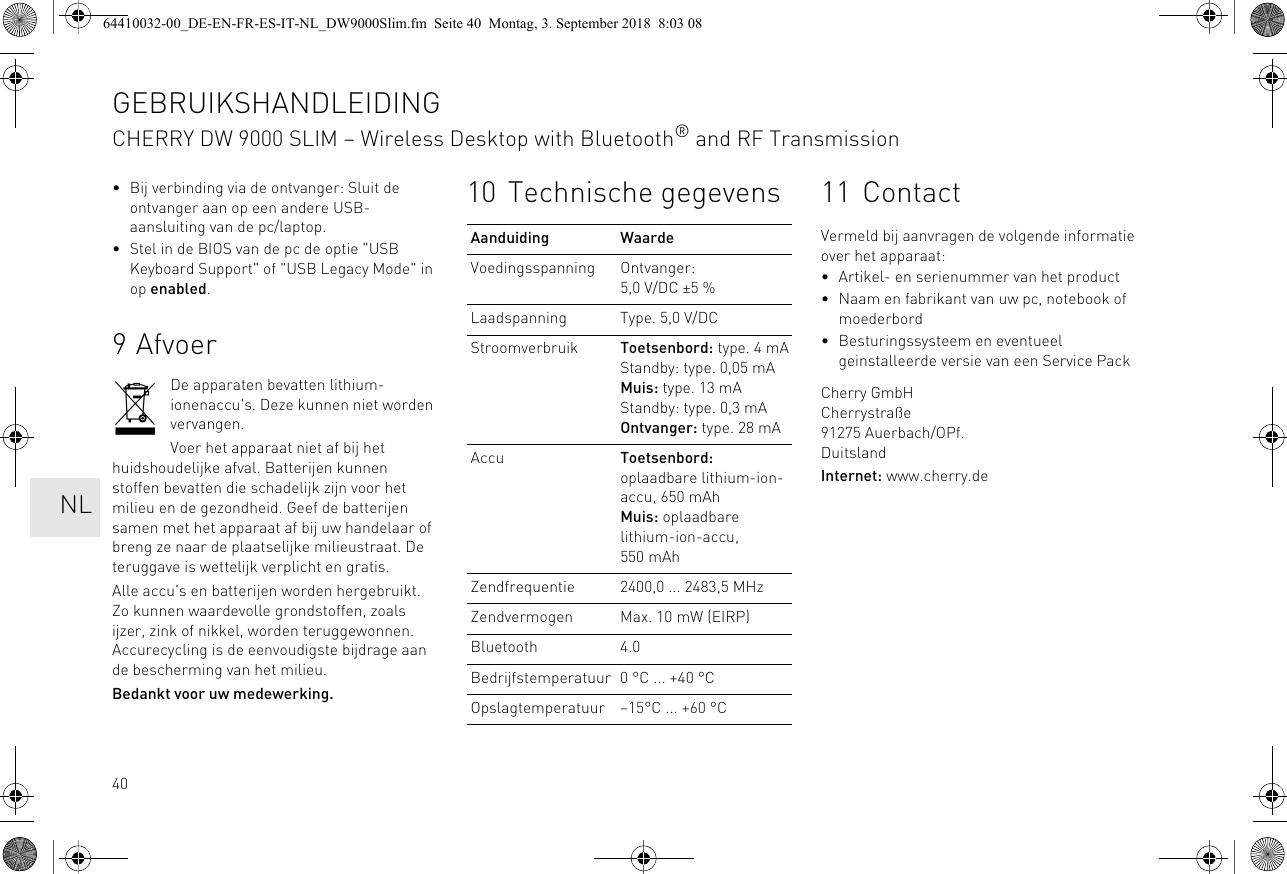 Cherry JG-90 Cherry Wireless Keyboard User Manual 64410032 00 DE EN FR ...
