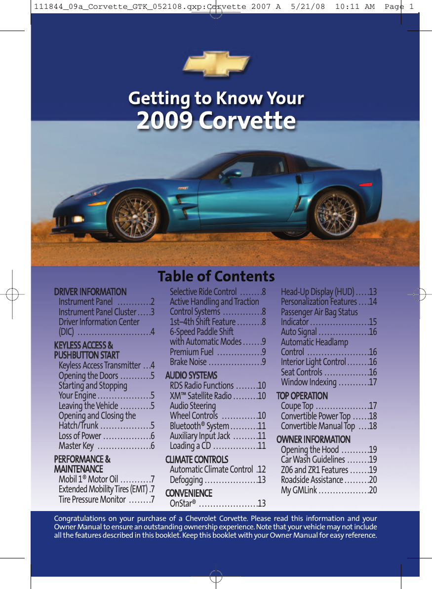 Chevrolet 2009 Corvette Get To Know Manual Guide