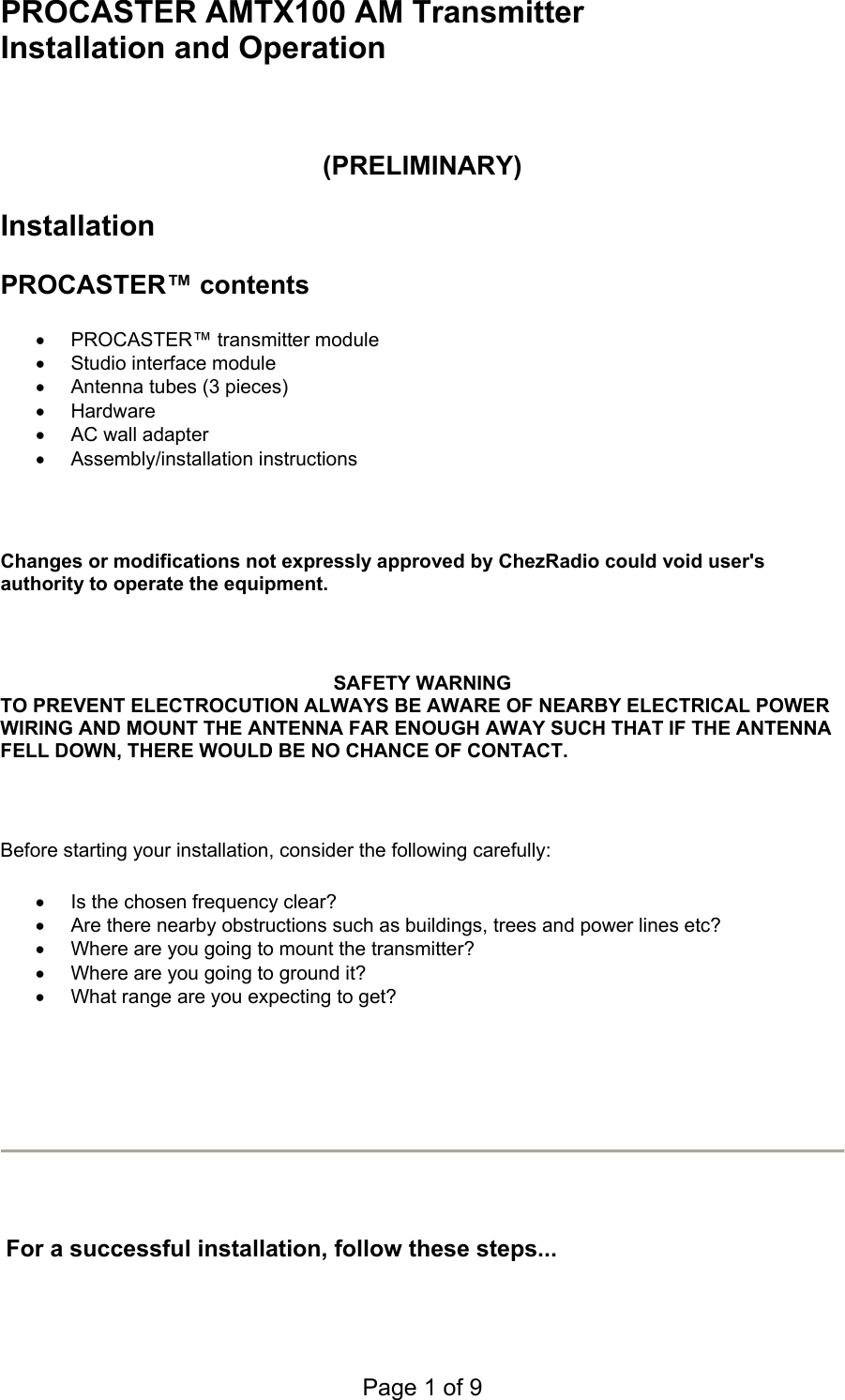Chezradio AMTX100 PROCASTER AMTX100 User Manual AMTX100