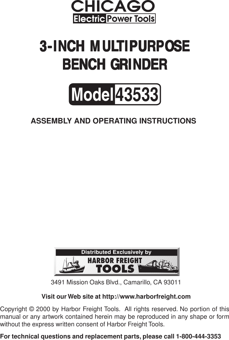 Chicago Electric 43533 Users Manual Grinder