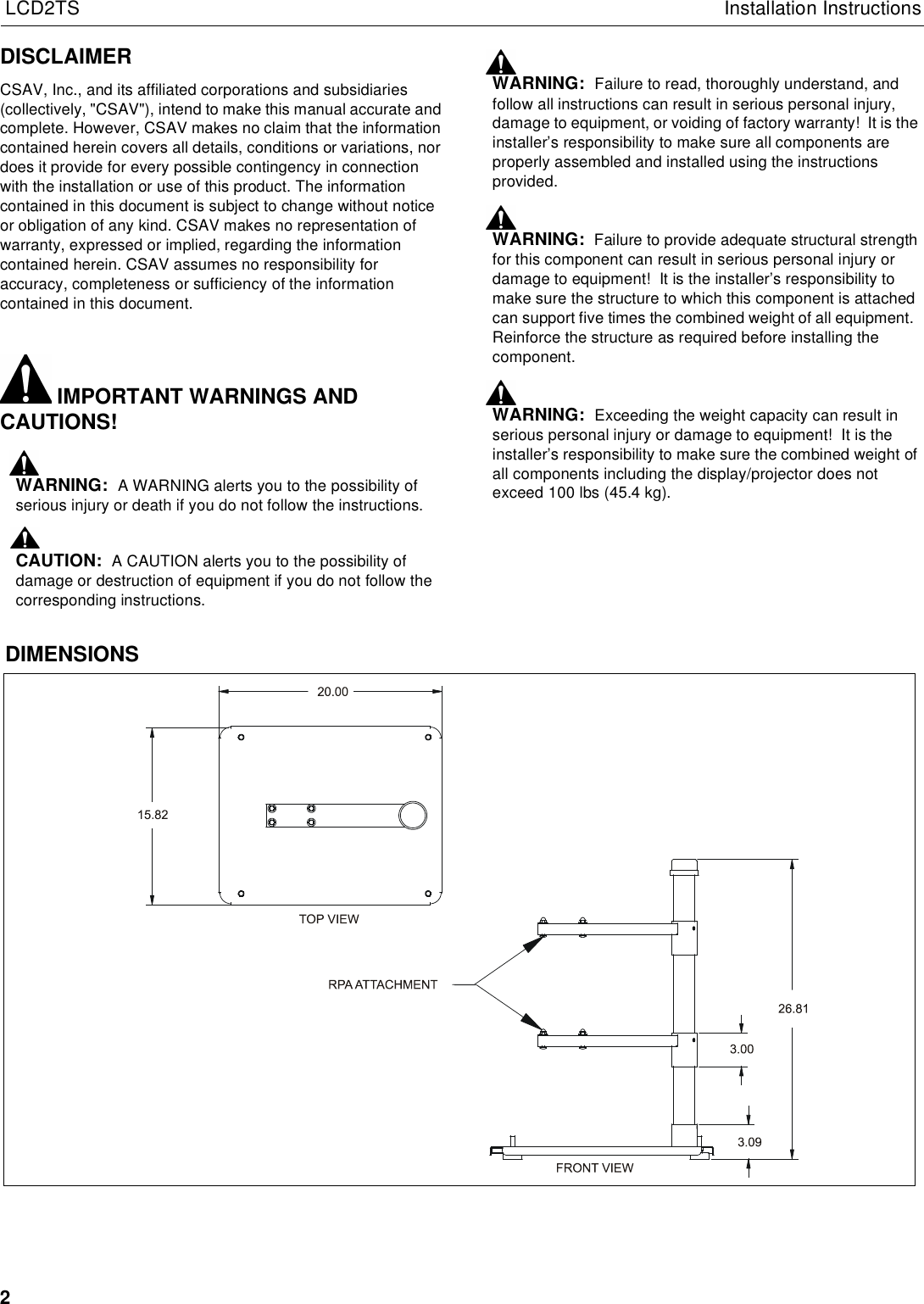 Chief Manufacturing Lcd2Ts Users Manual