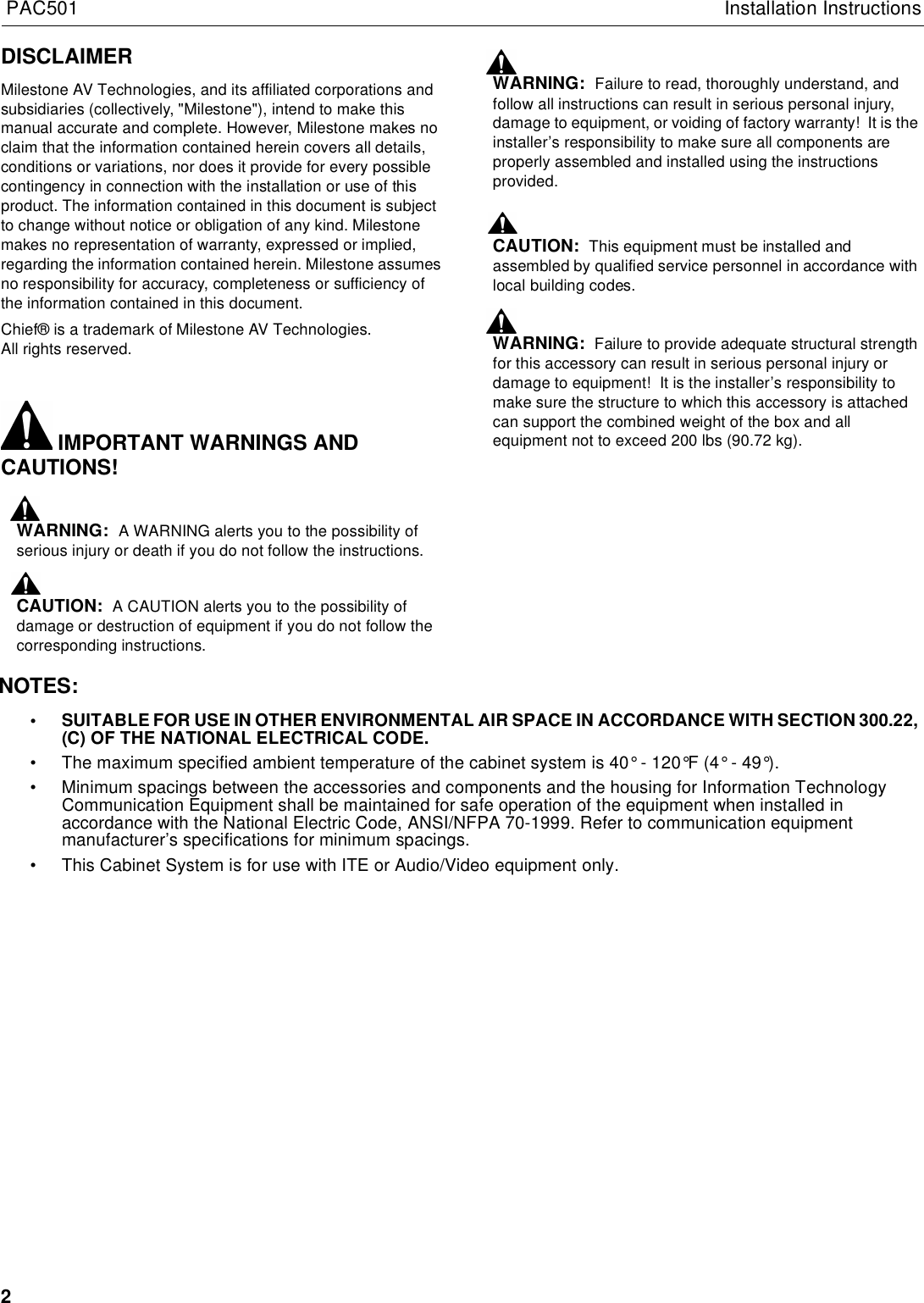 Chief Manufacturing Pac501 Users Manual INSTALLATION INSTRUCTIONS
