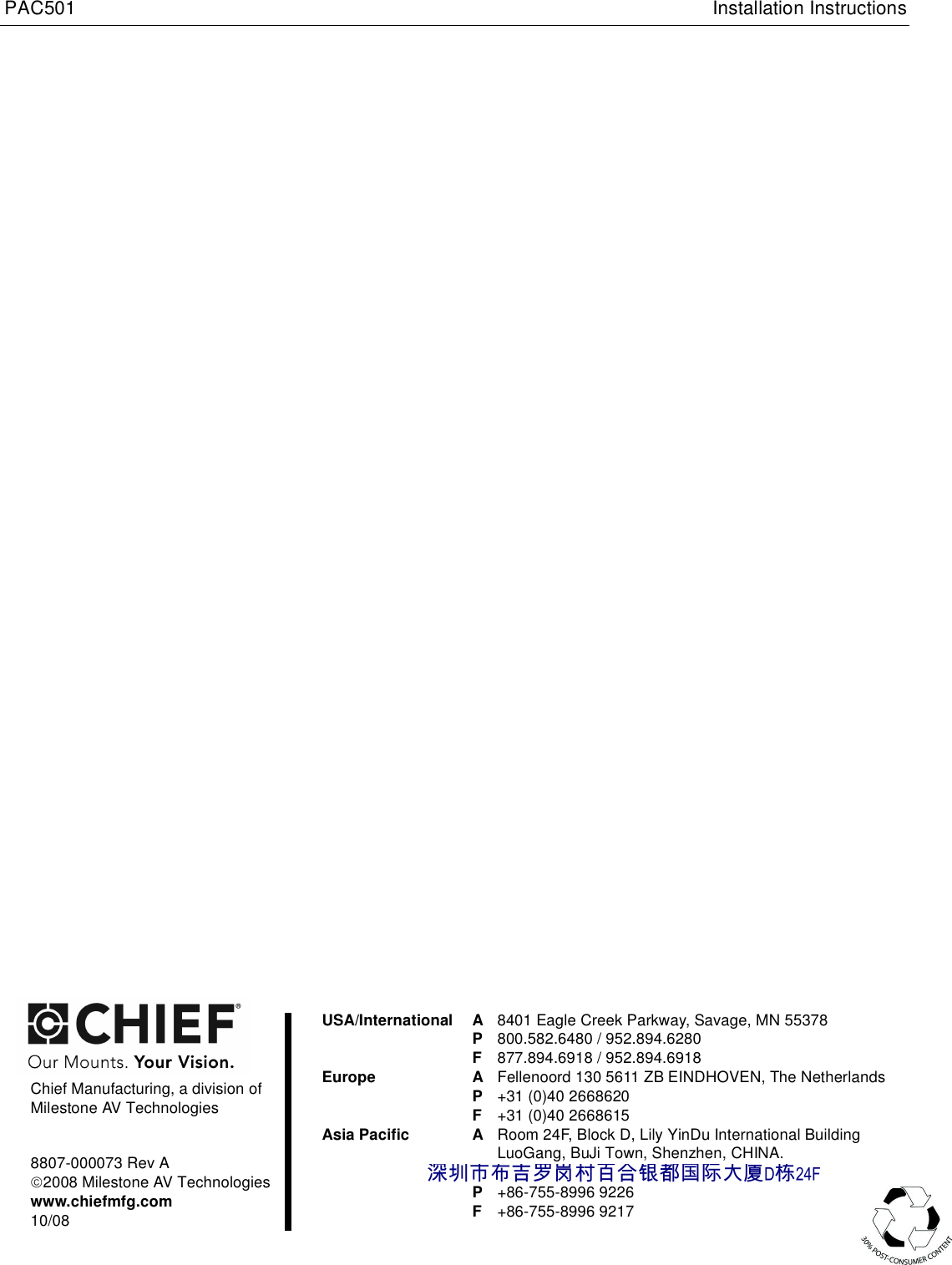Chief Manufacturing Pac501 Users Manual INSTALLATION INSTRUCTIONS