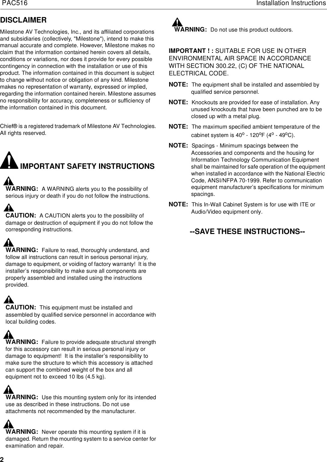 Chief Manufacturing Tv Mount Pac516 Users Manual