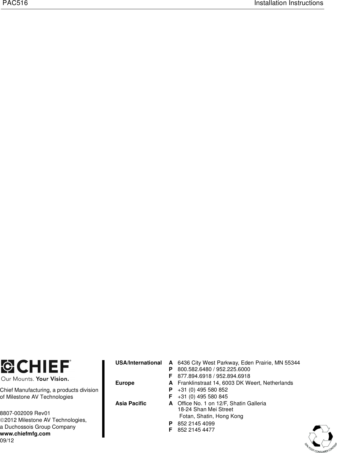 Chief Manufacturing Tv Mount Pac516 Users Manual