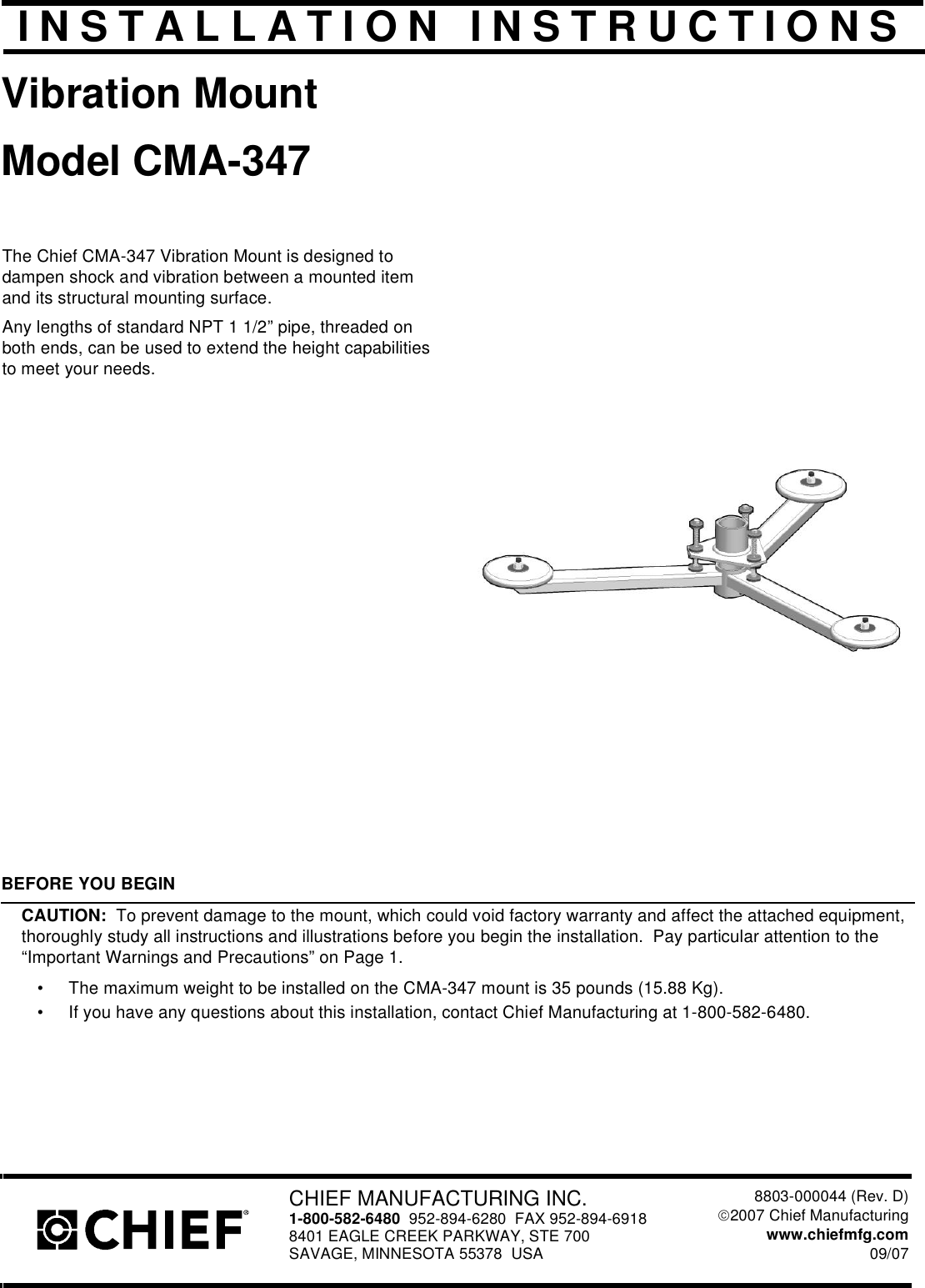 Chief Manufacturing Vibration Mount Cma 347 Users Manual INSTALLATION INSTRUCTIONS