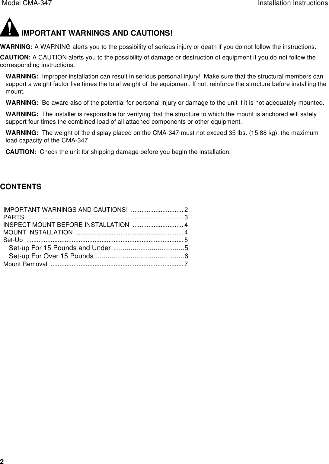 Chief Manufacturing Vibration Mount Cma 347 Users Manual INSTALLATION INSTRUCTIONS