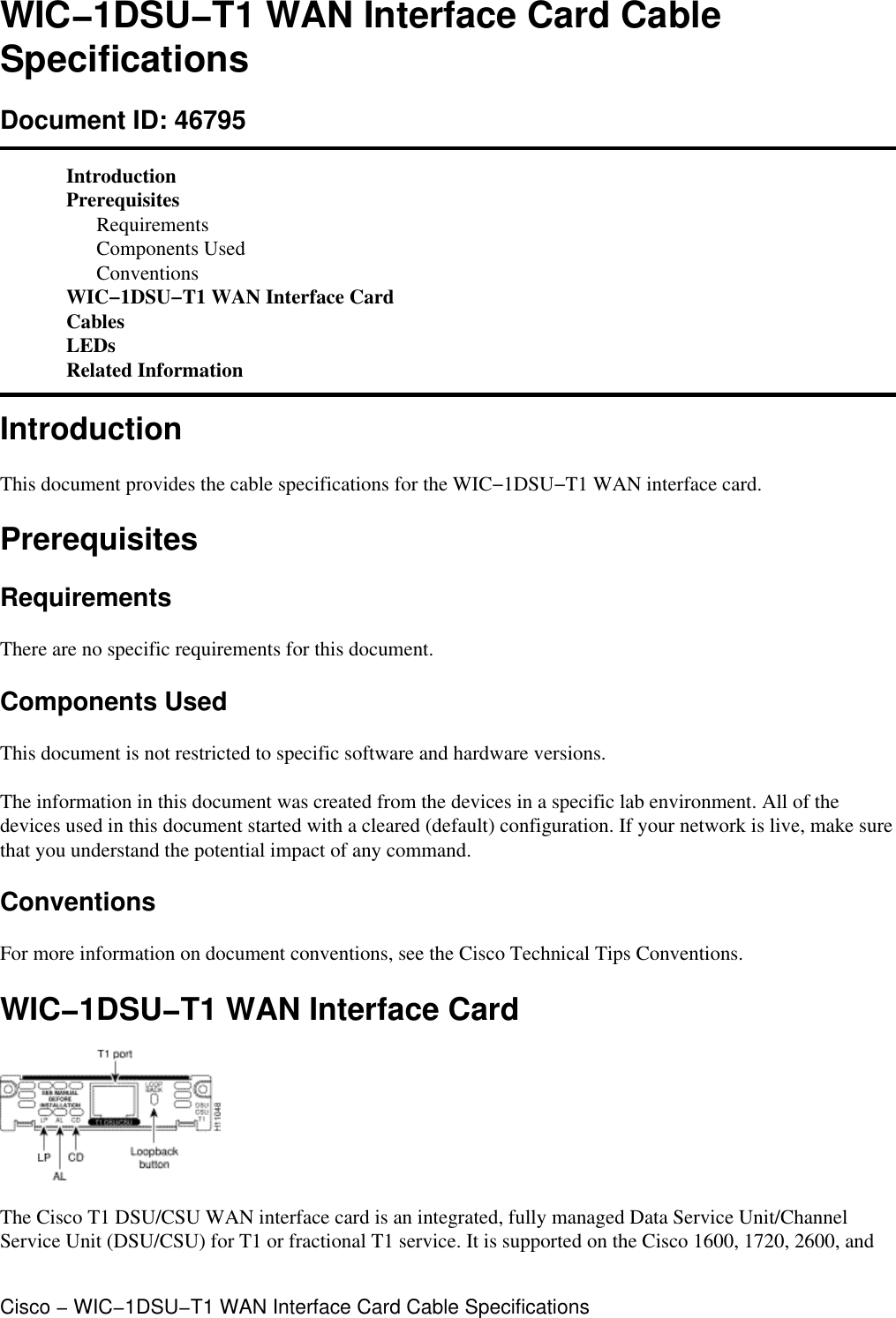 Cisco Systems Wic 1Dsu T1 Specification Sheet WAN Interface Card Cable ...