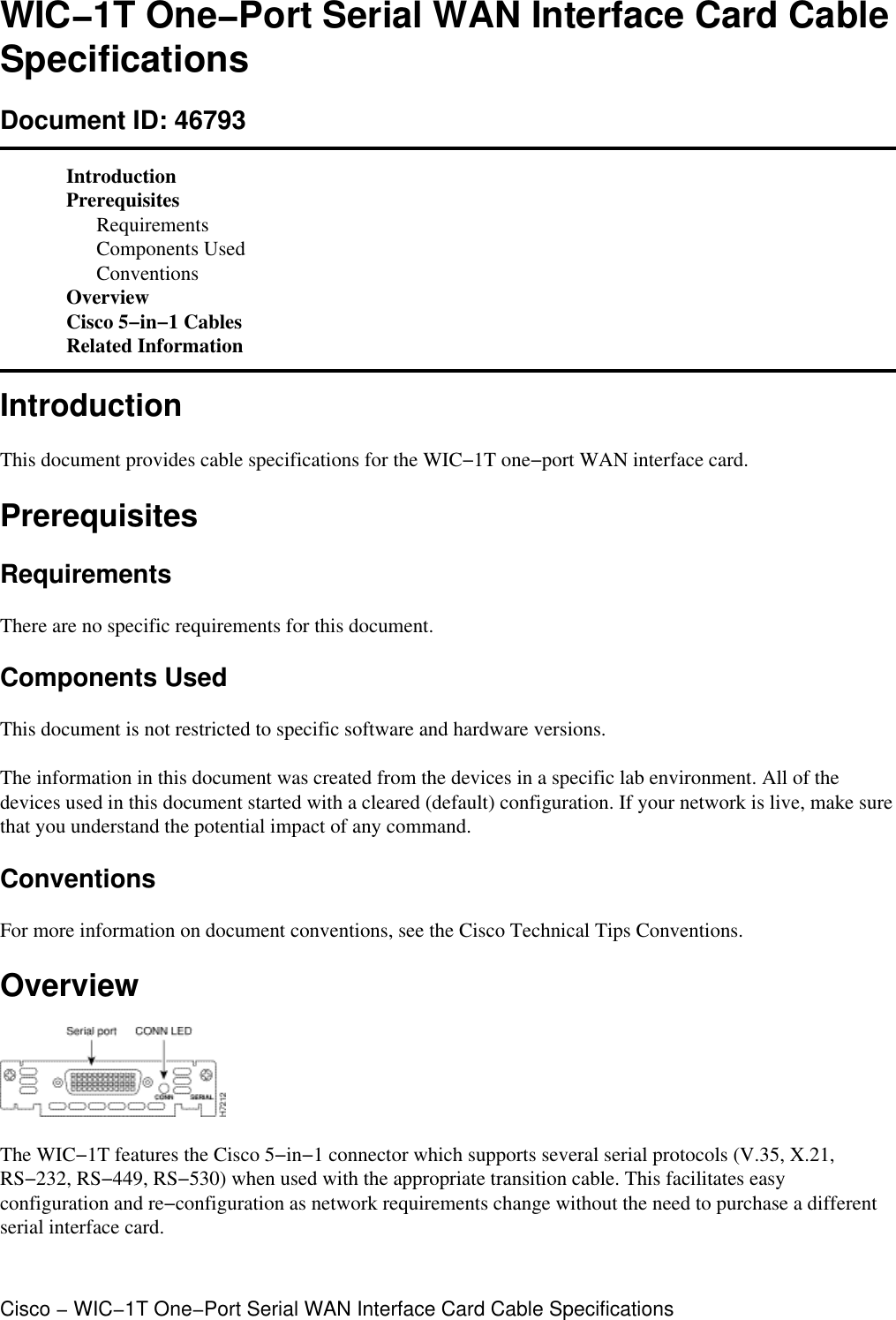 Cisco Systems Wic 1T Specification Sheet One Port Serial WAN Interface ...