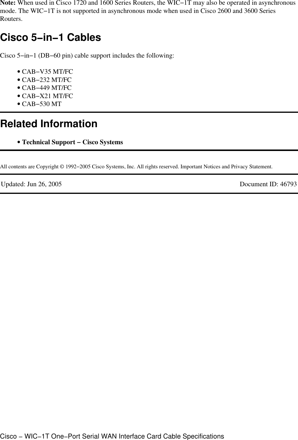 Cisco Systems Wic 1T Specification Sheet One Port Serial WAN Interface ...