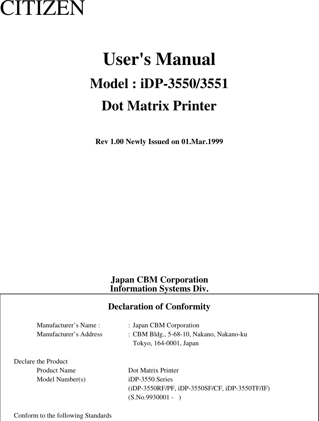 Citizen Systems Idp 3550 Users Manual
