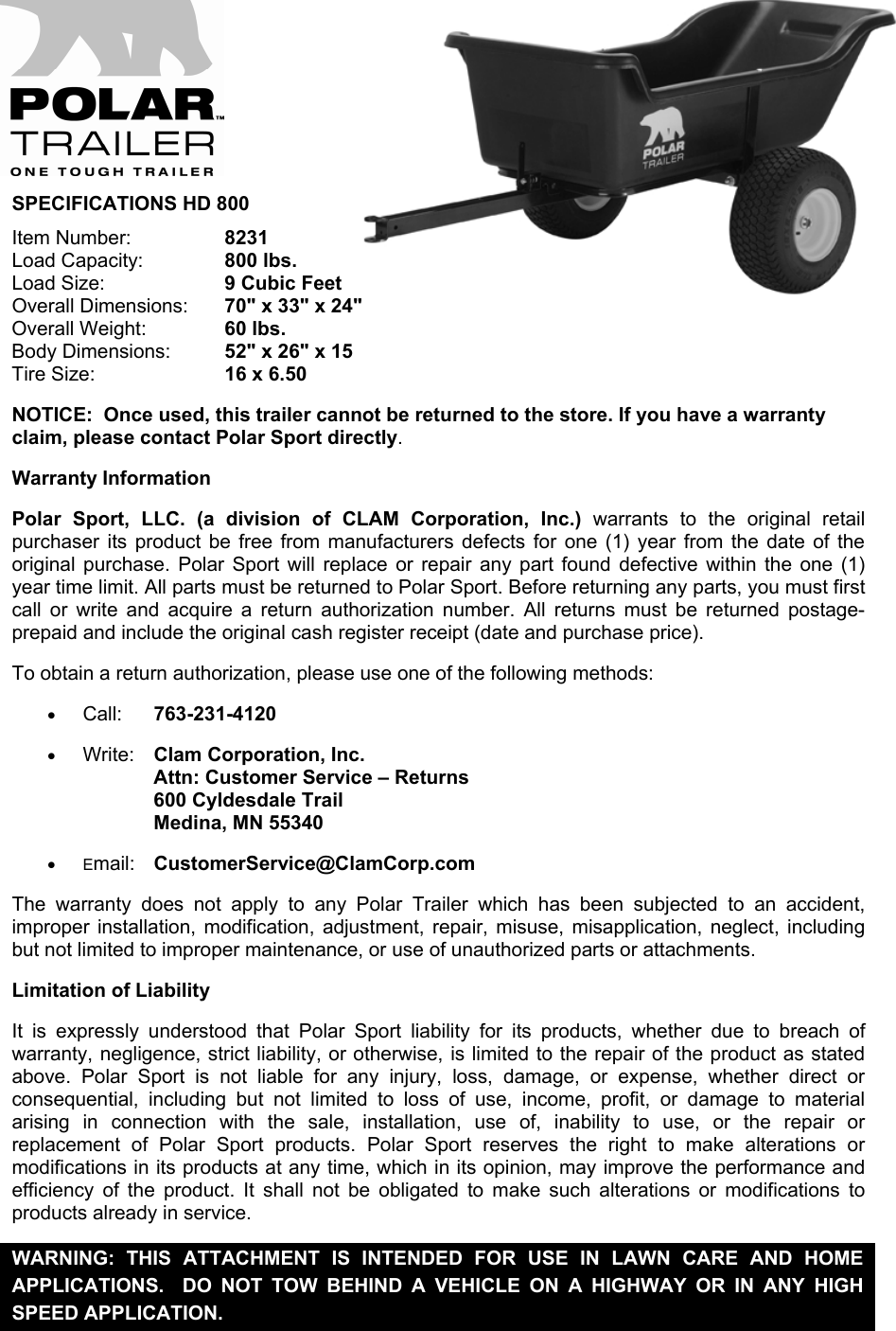 Clam Corp Hd 800 Users Manual