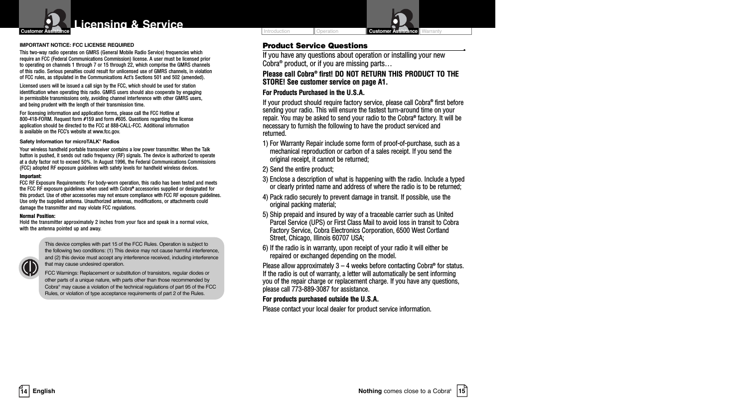 Cobra Electronics PR560 FRS GMRS TRANSCEIVER User Manual PR550WX Manual