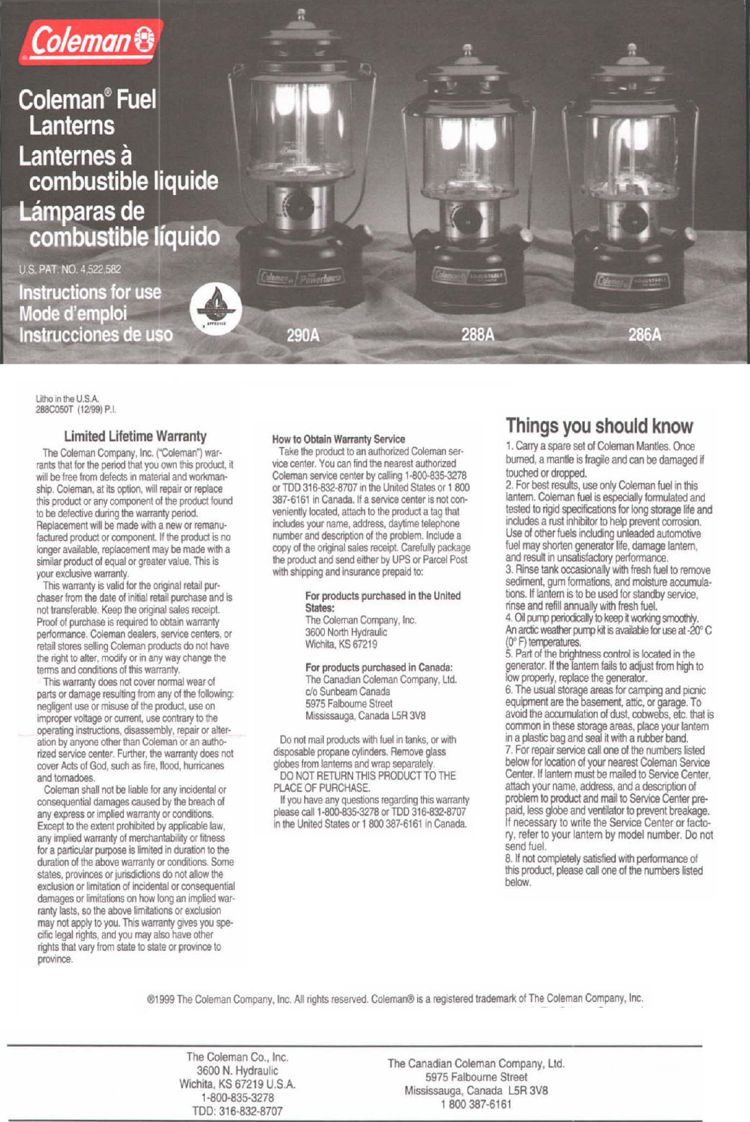 Coleman 286A Users Manual 290A/288A/286A Series Fuel Lanterns