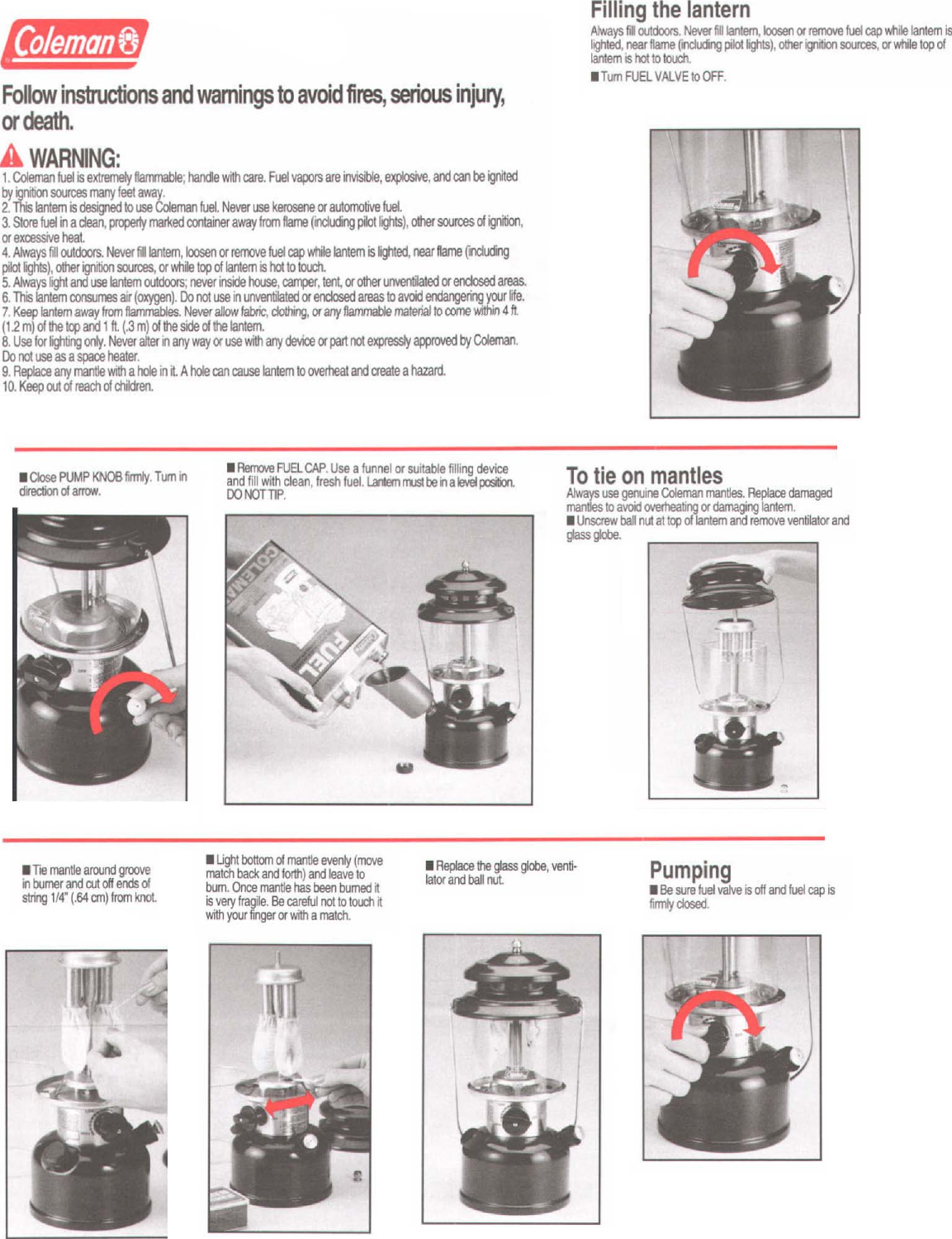 Coleman 286A Users Manual 290A/288A/286A Series Fuel Lanterns