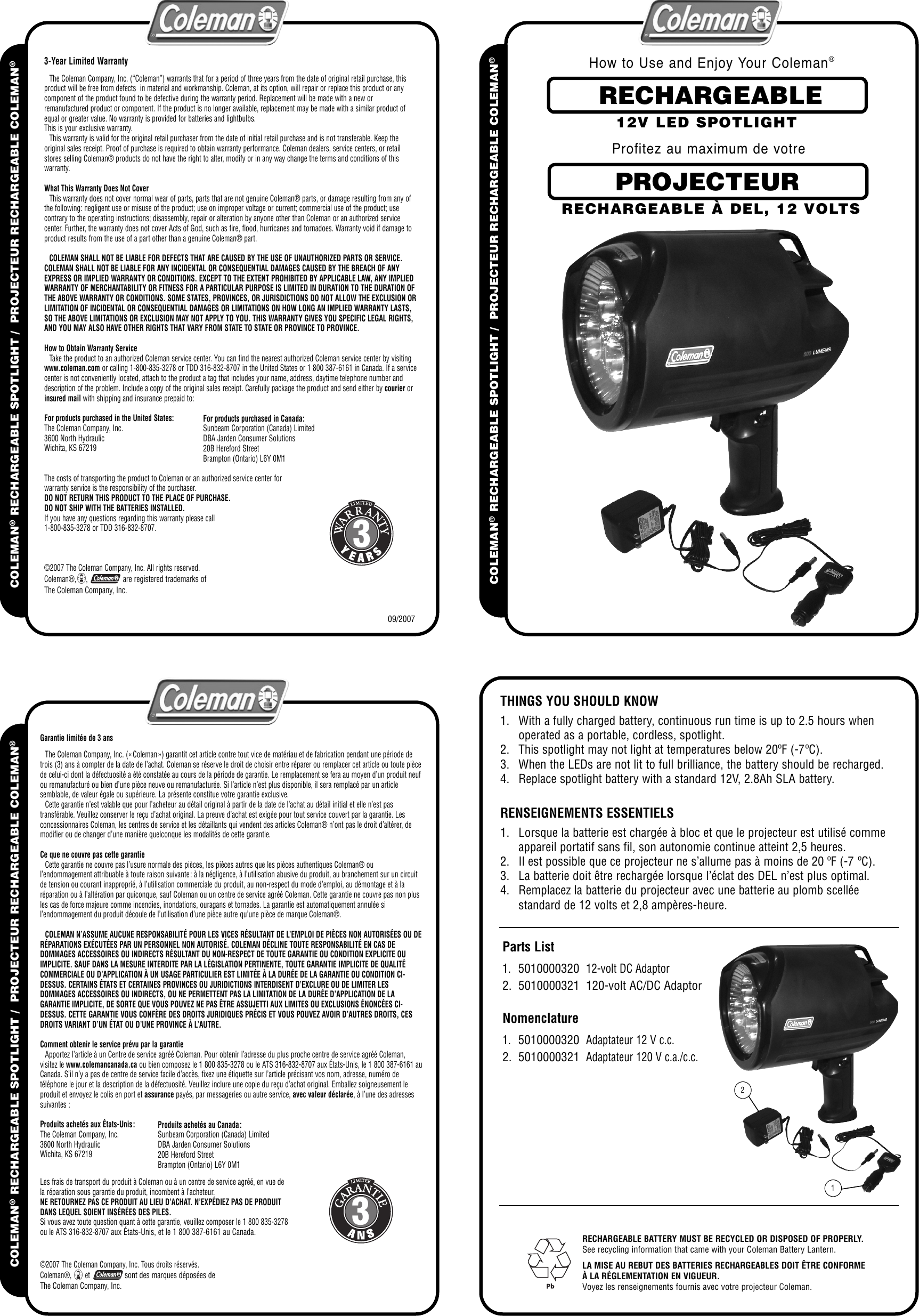 Coleman 4351 700 Users Manual Rechargeable 12V LED Spotlight Coleman 4351 700 Users Manual Rechargeable 12V LED Spotlight