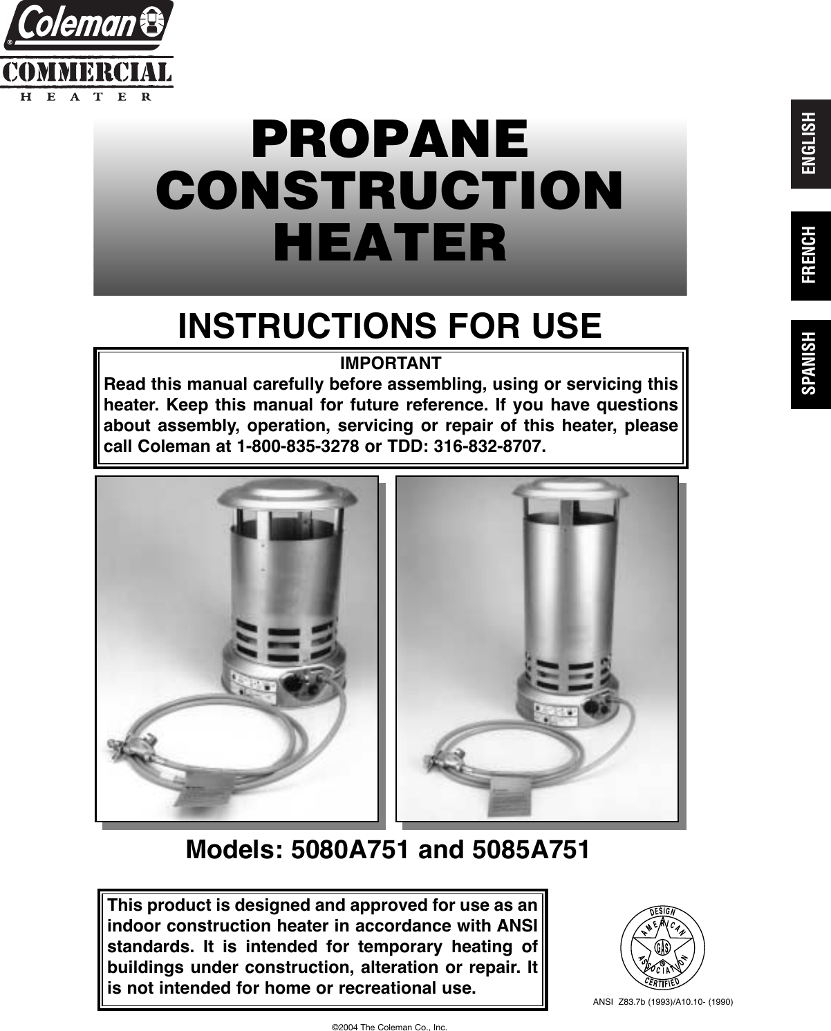 Coleman 5080A751 Users Manual 5080A751, 5085A751 Propane Construction ...
