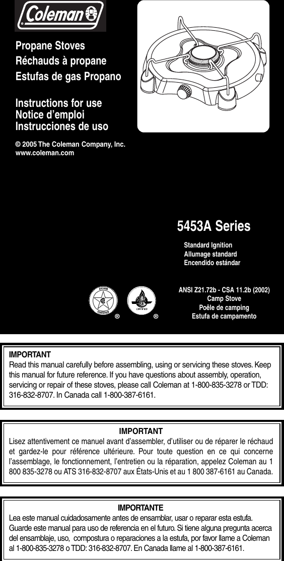 Coleman 5453A Users Manual Series Propane Stove