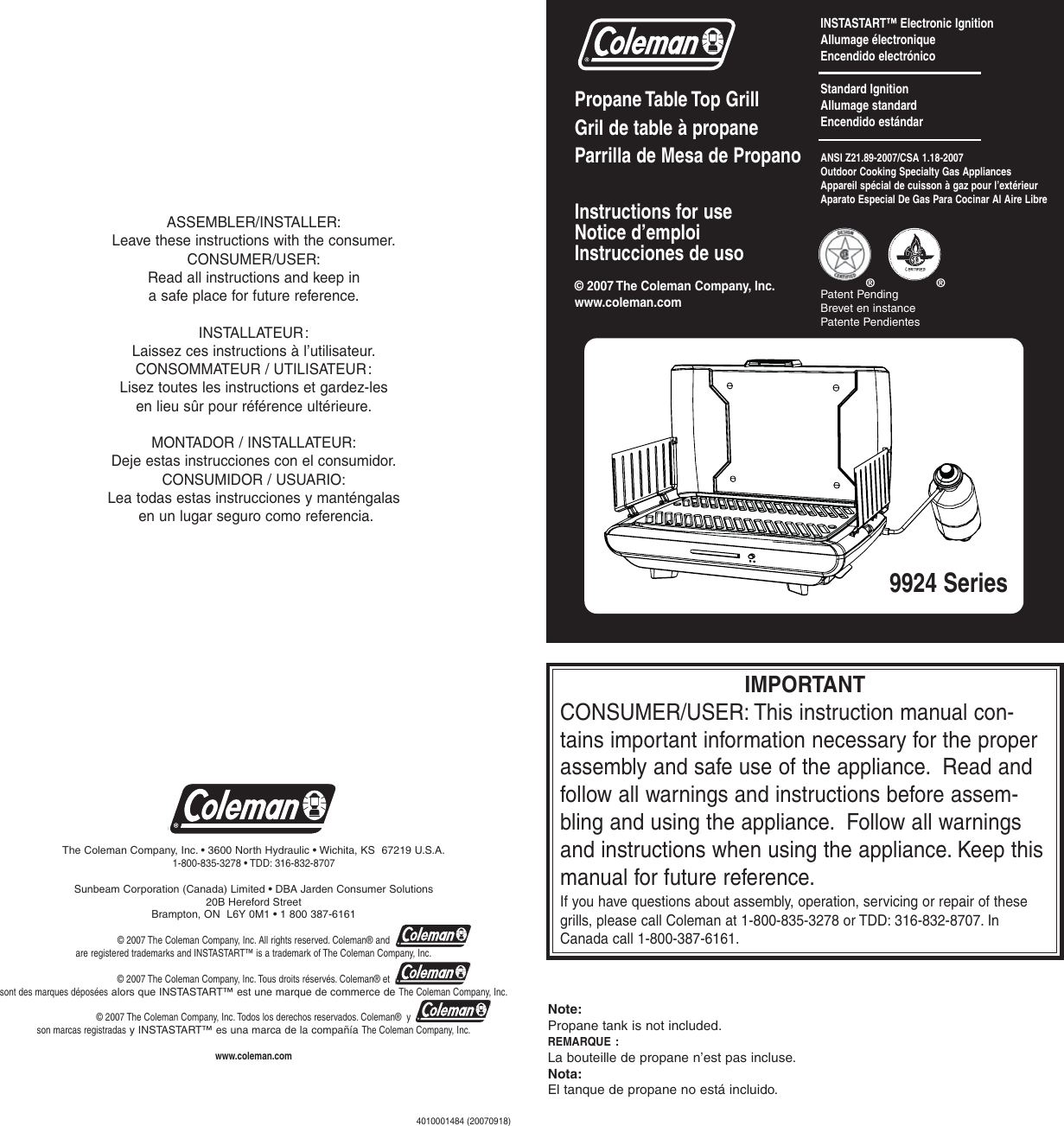 Coleman 9924 Users Manual Series Propane Table Top Grill