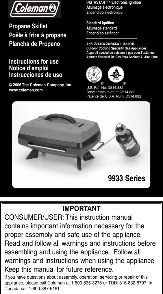 Coleman Instastari 9933 Users Manual 750 Propane Skillet
