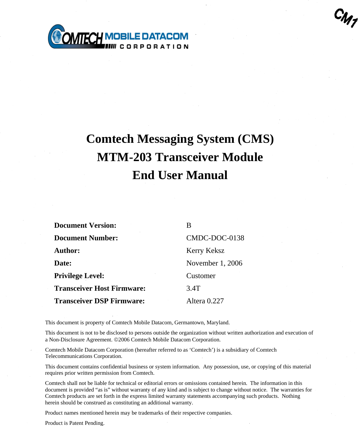 Comtech Mobile Datacom CMDCMTM203 L Band Satellite Earth Station User Manual