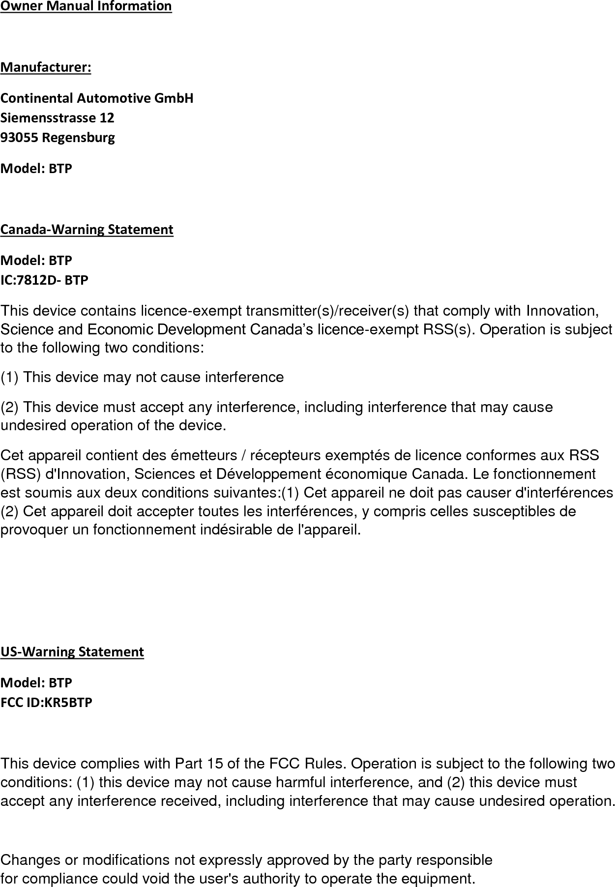 Continental Automotive Technologies BTP Radio Frequency Bidirectional ...