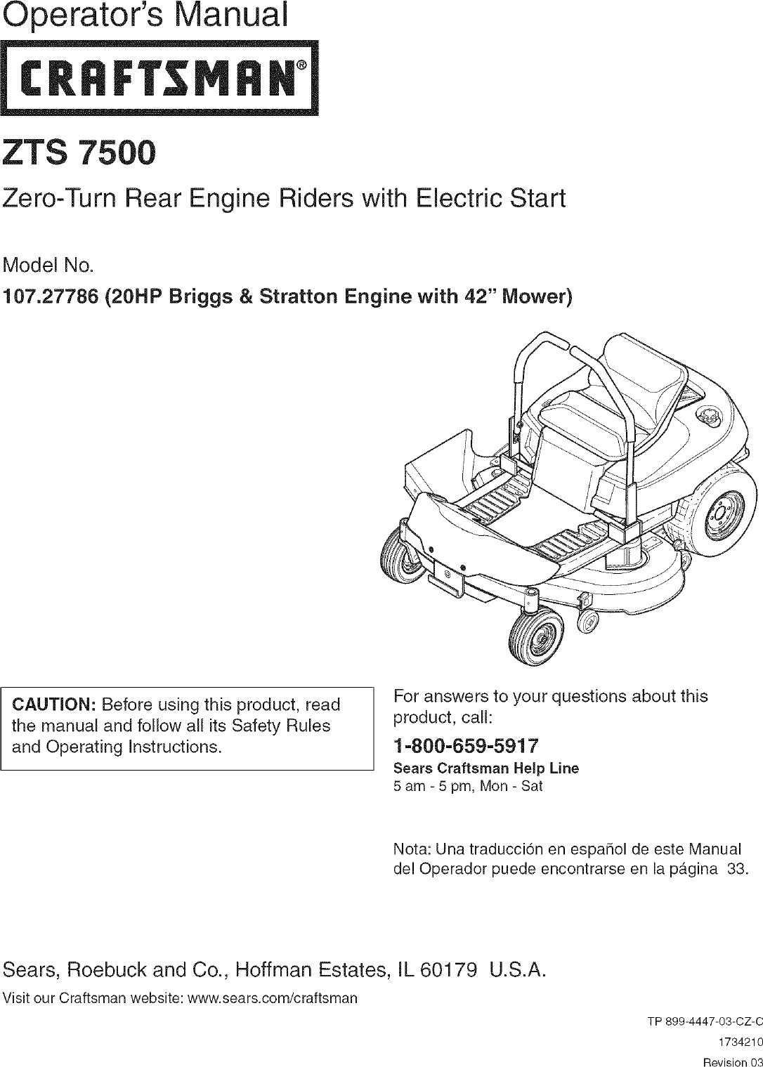 Craftsman 107277860 User Manual ZERO TURN REAR ENGINE RIDER Manuals And ...