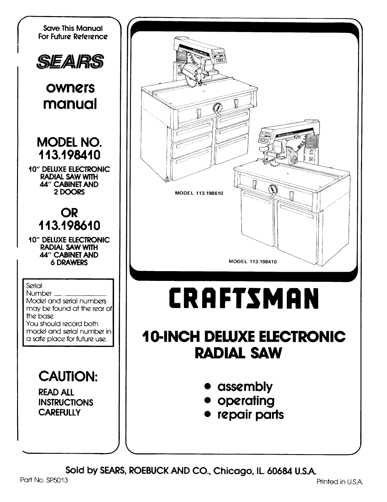 Craftsman 113198610 User Manual 10 INCH DELUXE ELECTRONIC RADIAL SAW ...