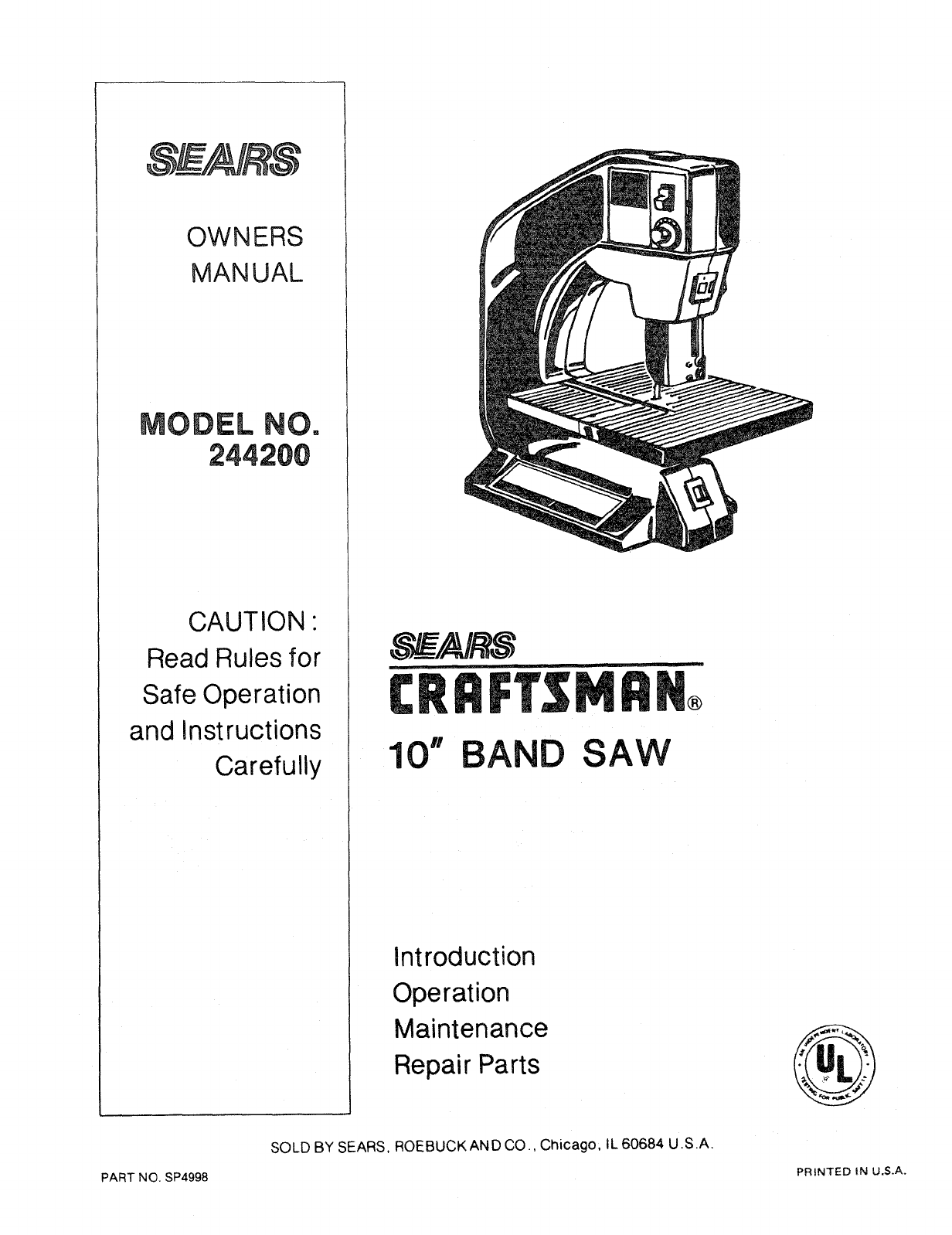 Craftsman 135244200 User Manual 10 INCH BAND SAW Manuals And Guides Craftsman 135244200 User Manual 10 INCH BAND SAW Manuals And Guides