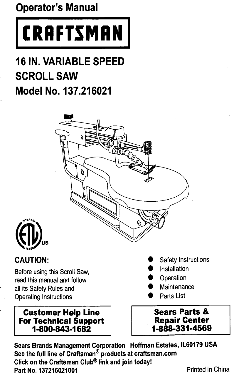 Craftsman 137216021 1507015L User Manual SCROLL SAW Manuals And Guides