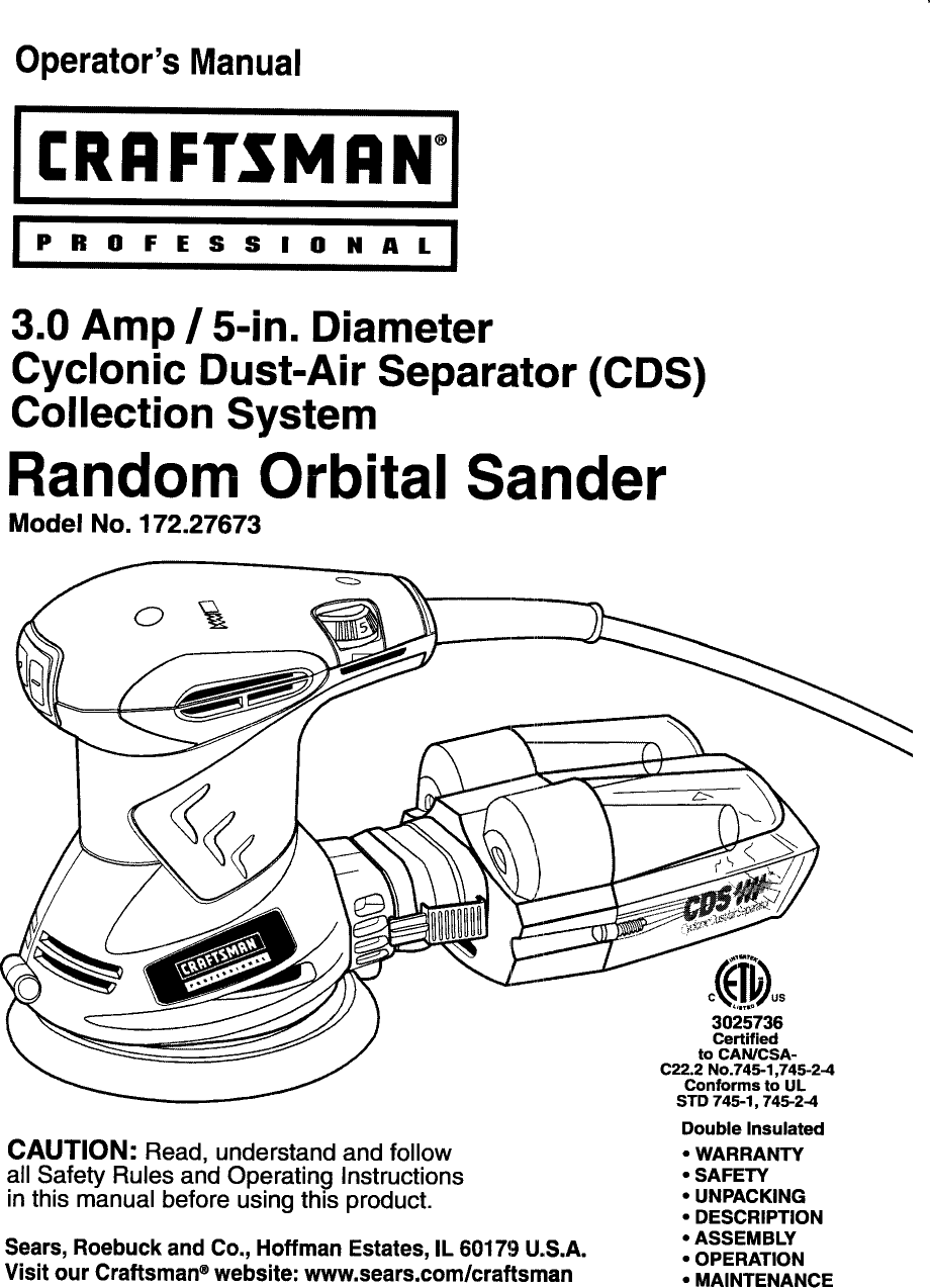Craftsman 17227673 User Manual SANDER Manuals And Guides L0901043